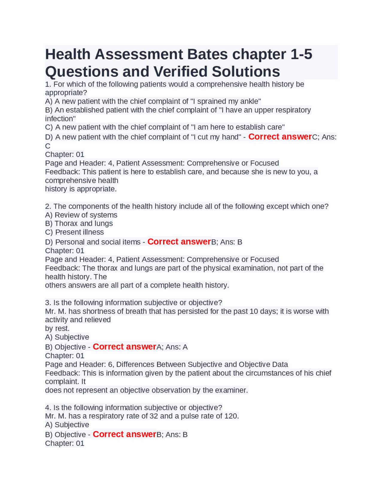Health Assessment Bates chapter 1-5 Questions and Verified Solutions ...
