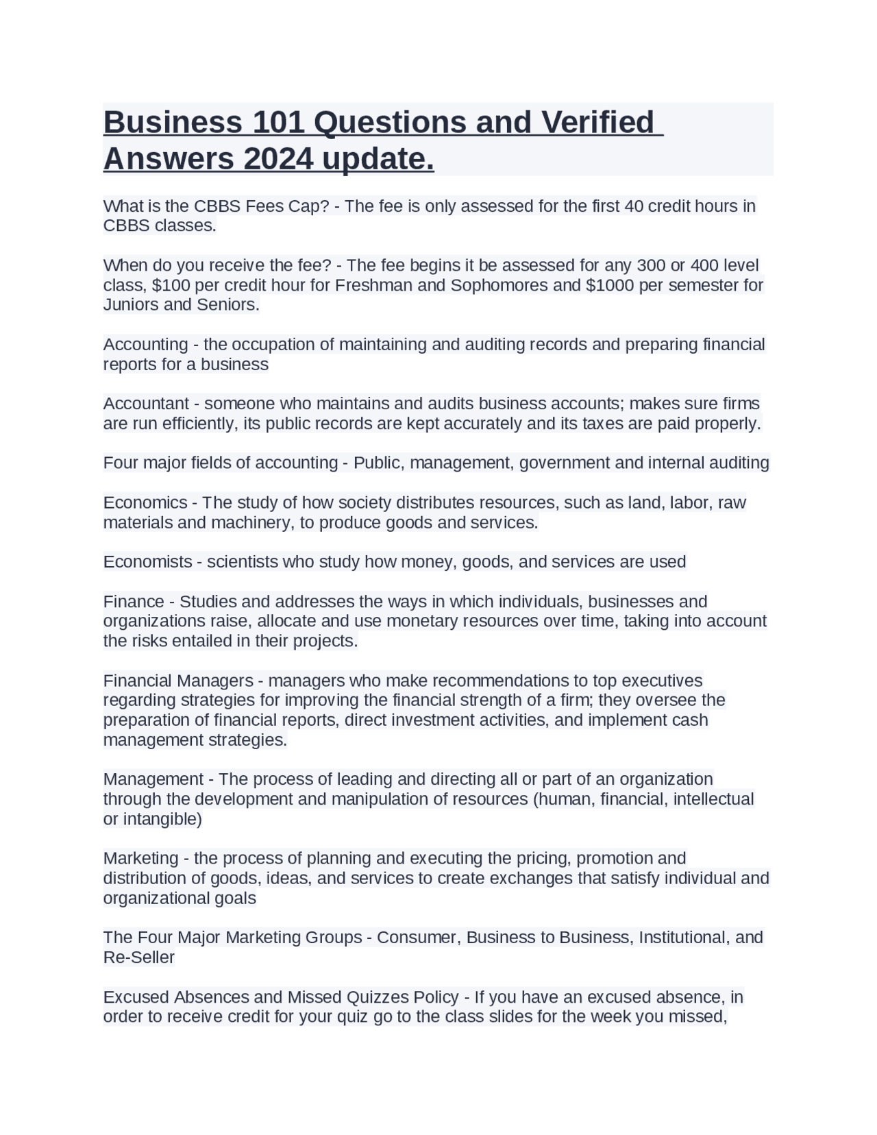 Business 101 Questions And Verified Answers 2024 update. | Exams ...