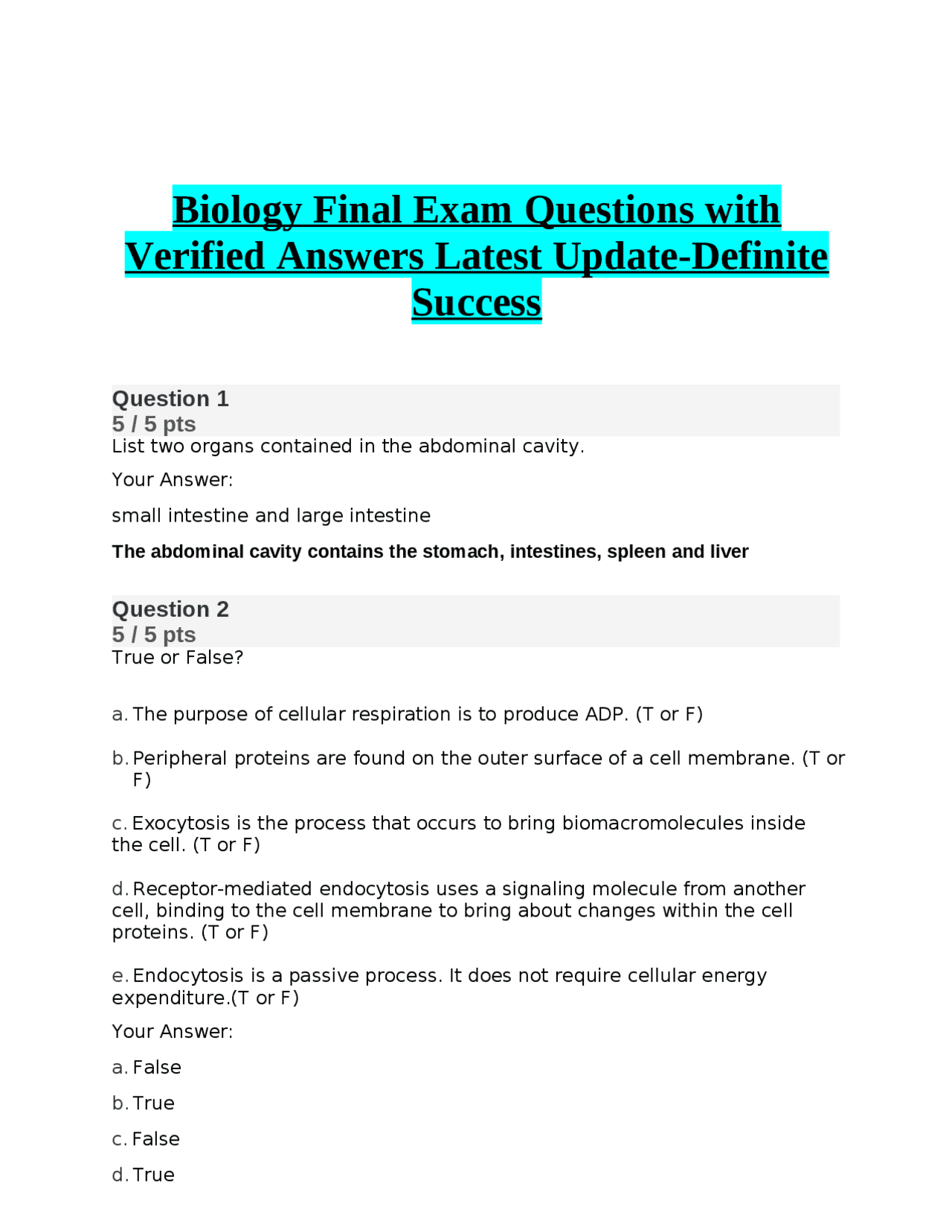 Biology Final Exam Questions with Verified Answers Latest Update ...