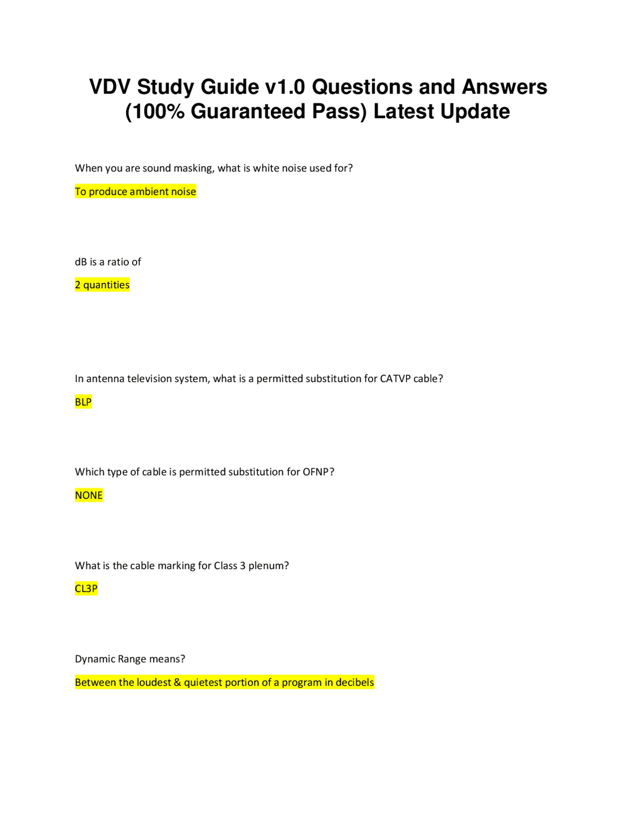 VDV Study Guide v1.0 Questions and Answers (100% Guaranteed Pass ...