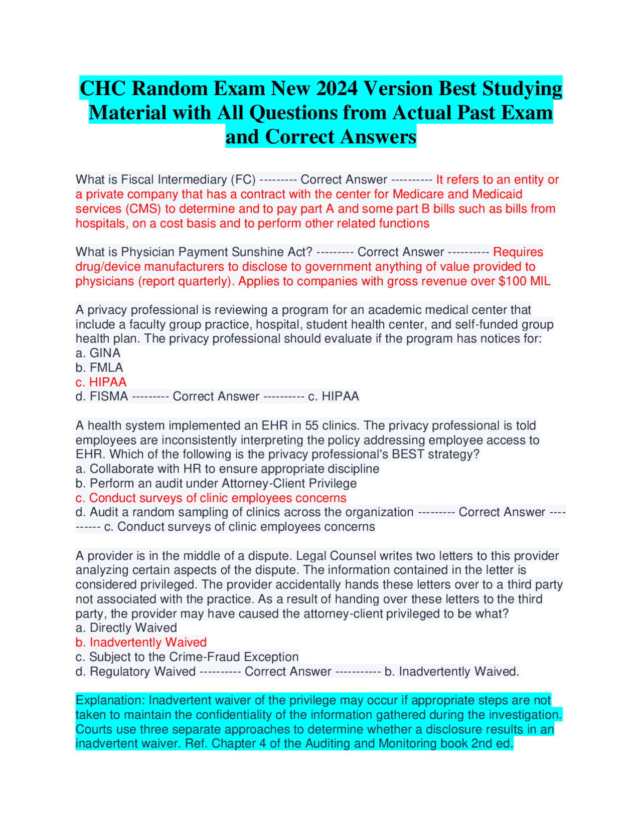 CHC Random Exam New 2024 Version Best Studying Material with All ...