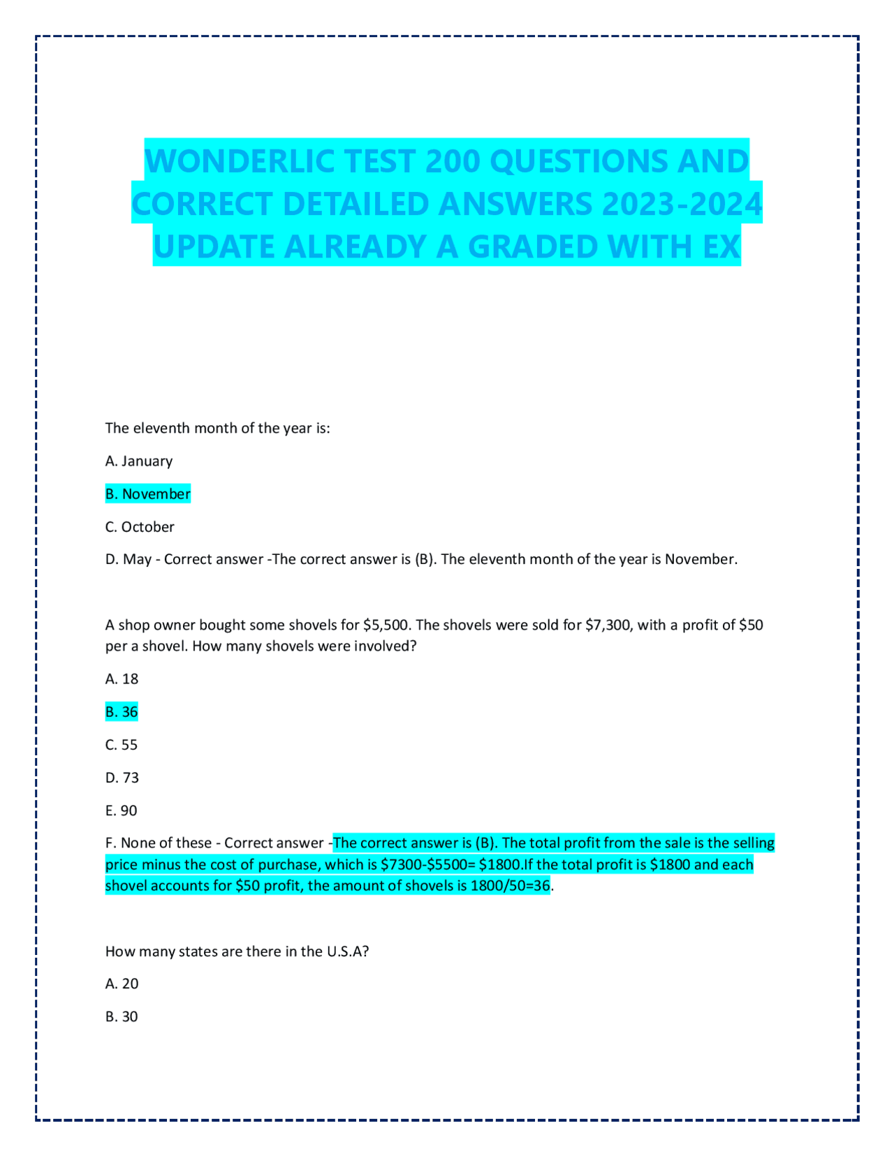 WONDERLIC TEST 200 QUESTIONS AND CORRECT DETAILED ANSWERS 2023-2024 ...