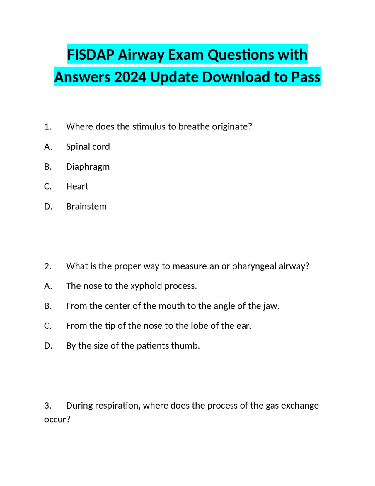 FISDAP Airway Exam Questions with Answers 2024 Update Download to Pass | Exams Nursing | Docsity