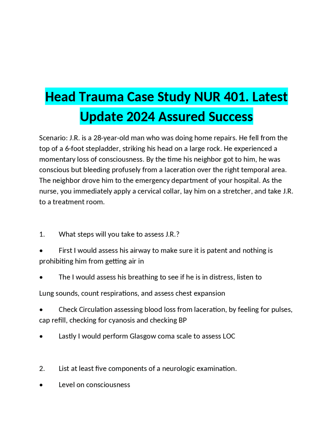 Head Trauma Case Study NUR 401. Latest Update 2024 Assured Success ...
