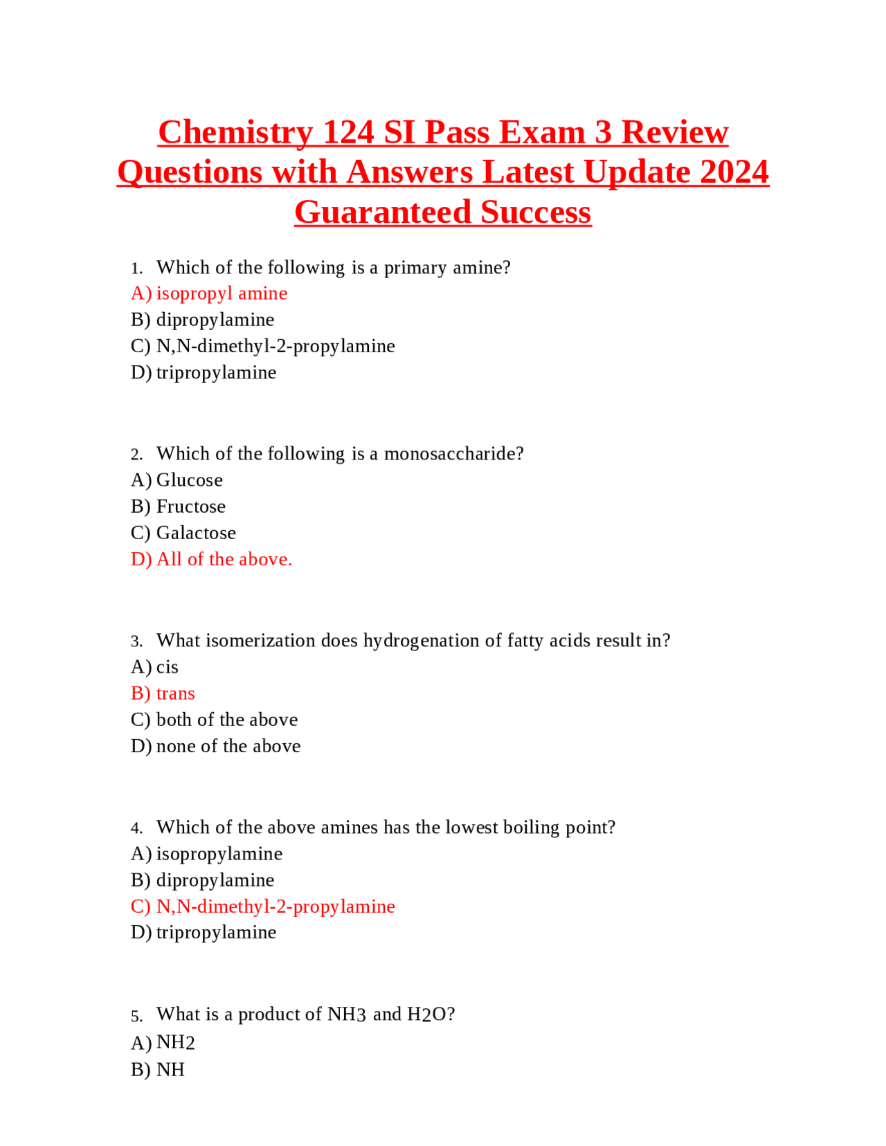 Chemistry 124 SI Pass Exam 3 Review Questions with Answers Latest ...