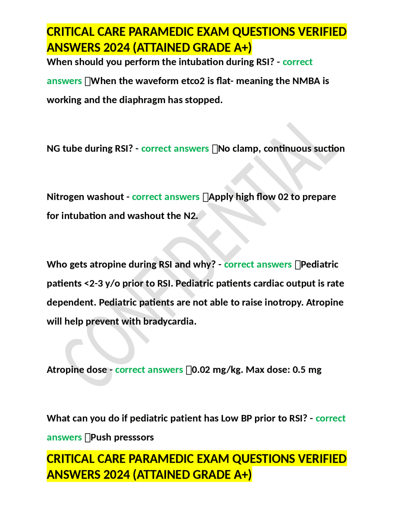 CRITICAL CARE PARAMEDIC EXAM QUESTIONS VERIFIED ANSWERS 2024 (ATTAINED ...