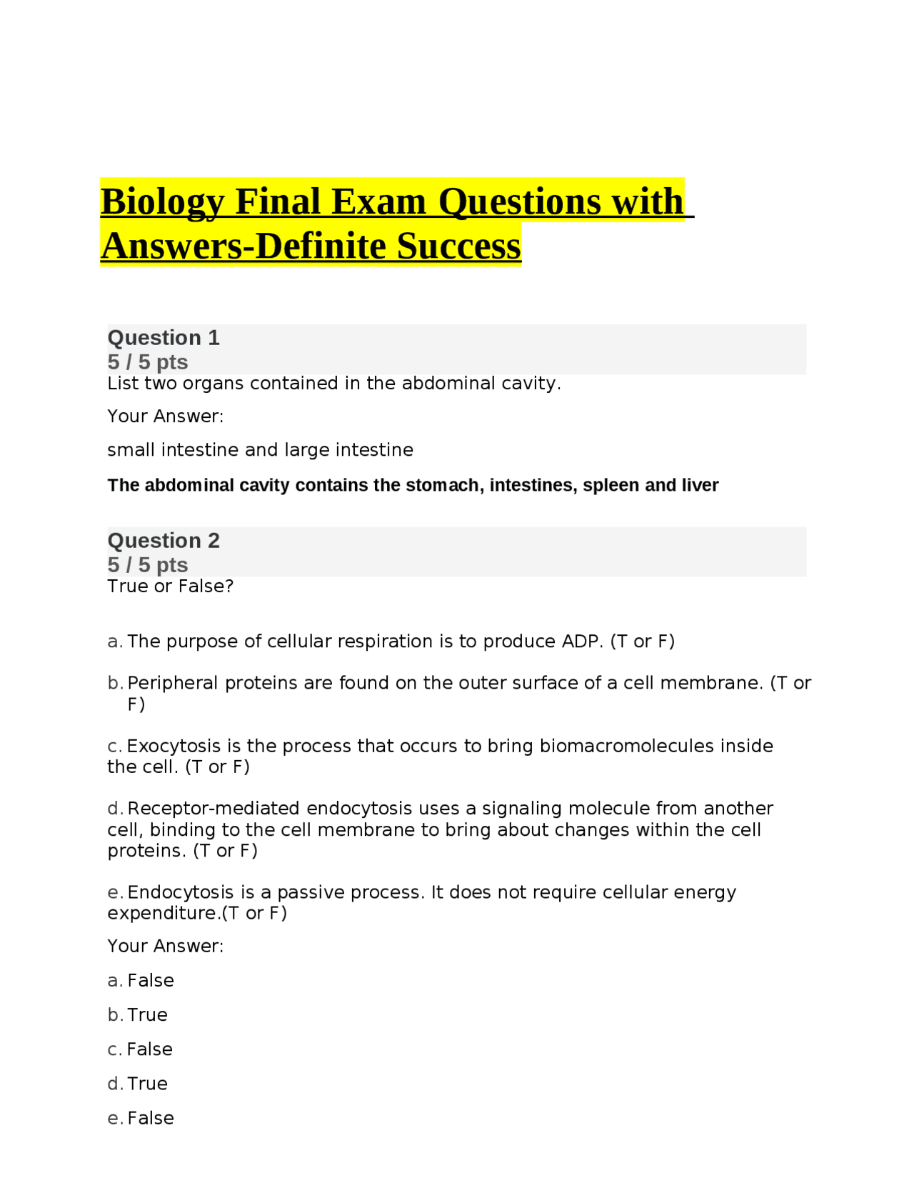 Biology Final Exam Questions with Answers-Definite Success | Exams ...