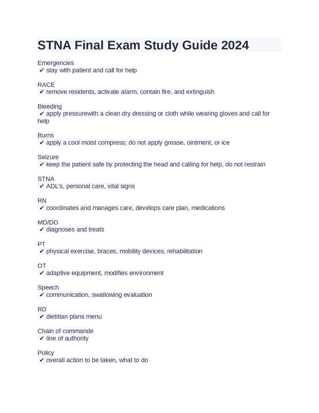 STNA Final Exam Study Guide 2024 | Exams Nursing | Docsity