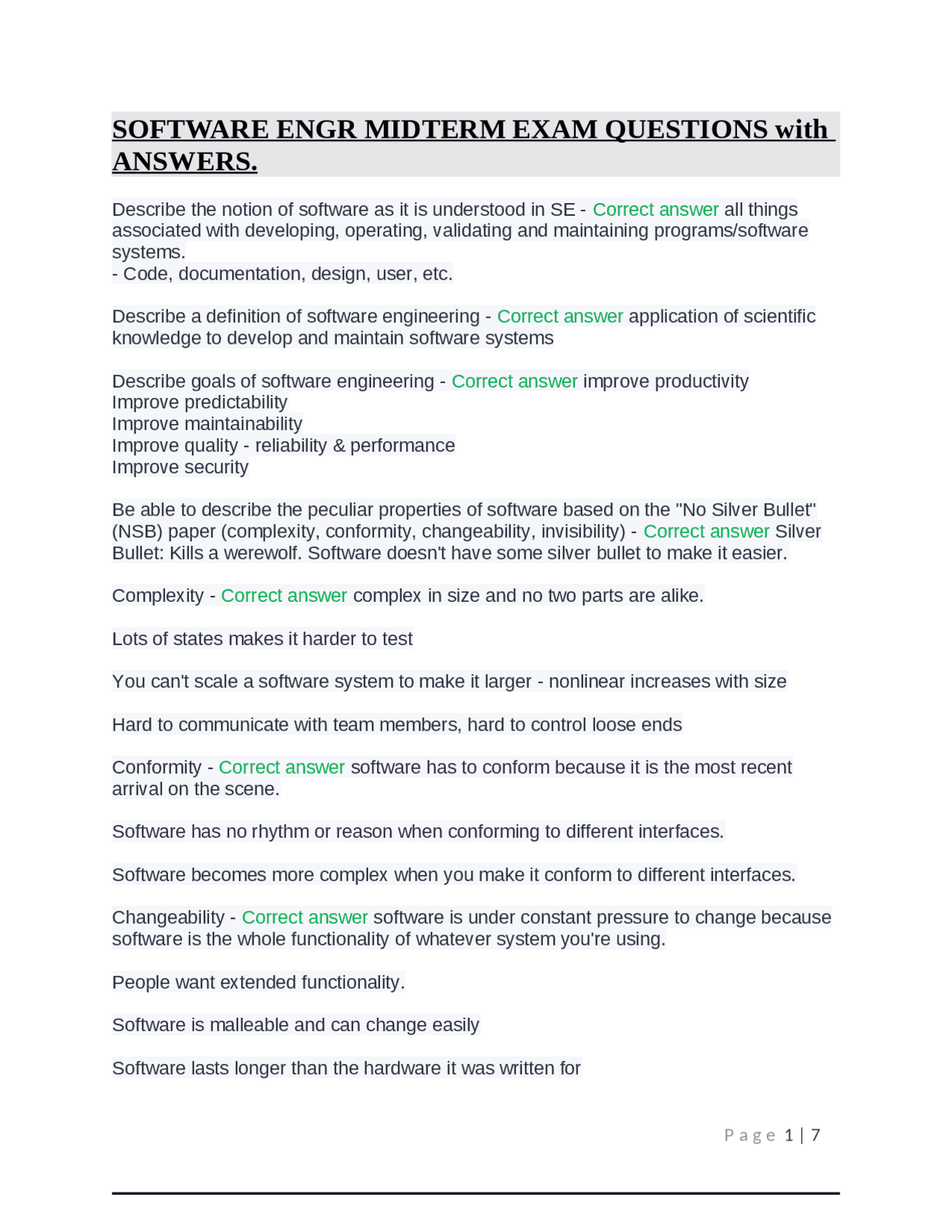 SOFTWARE ENGR MIDTERM EXAM QUESTIONS with ANSWERS. | Exams Software Engineering | Docsity