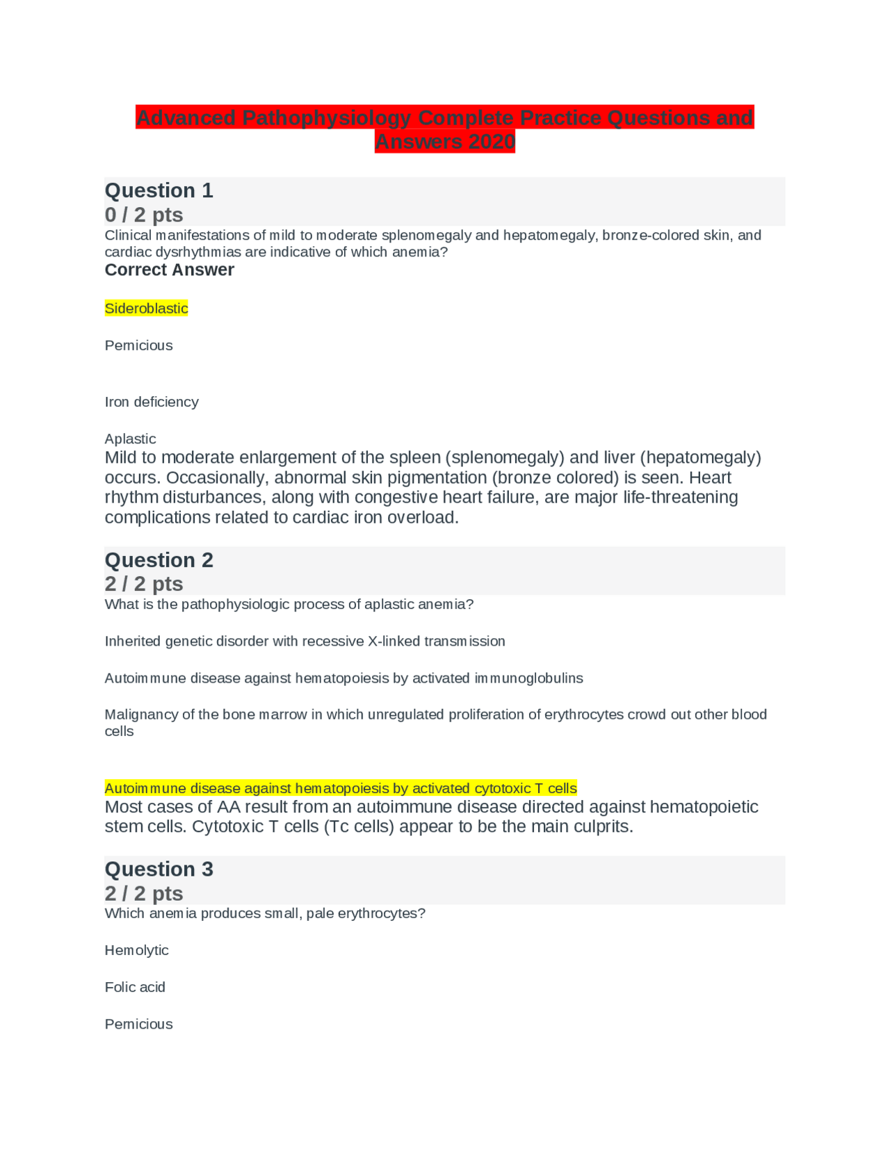 Advanced Pathophysiology Complete Practice Questions and Answers 2020 Question 1 0 / 2 p ...