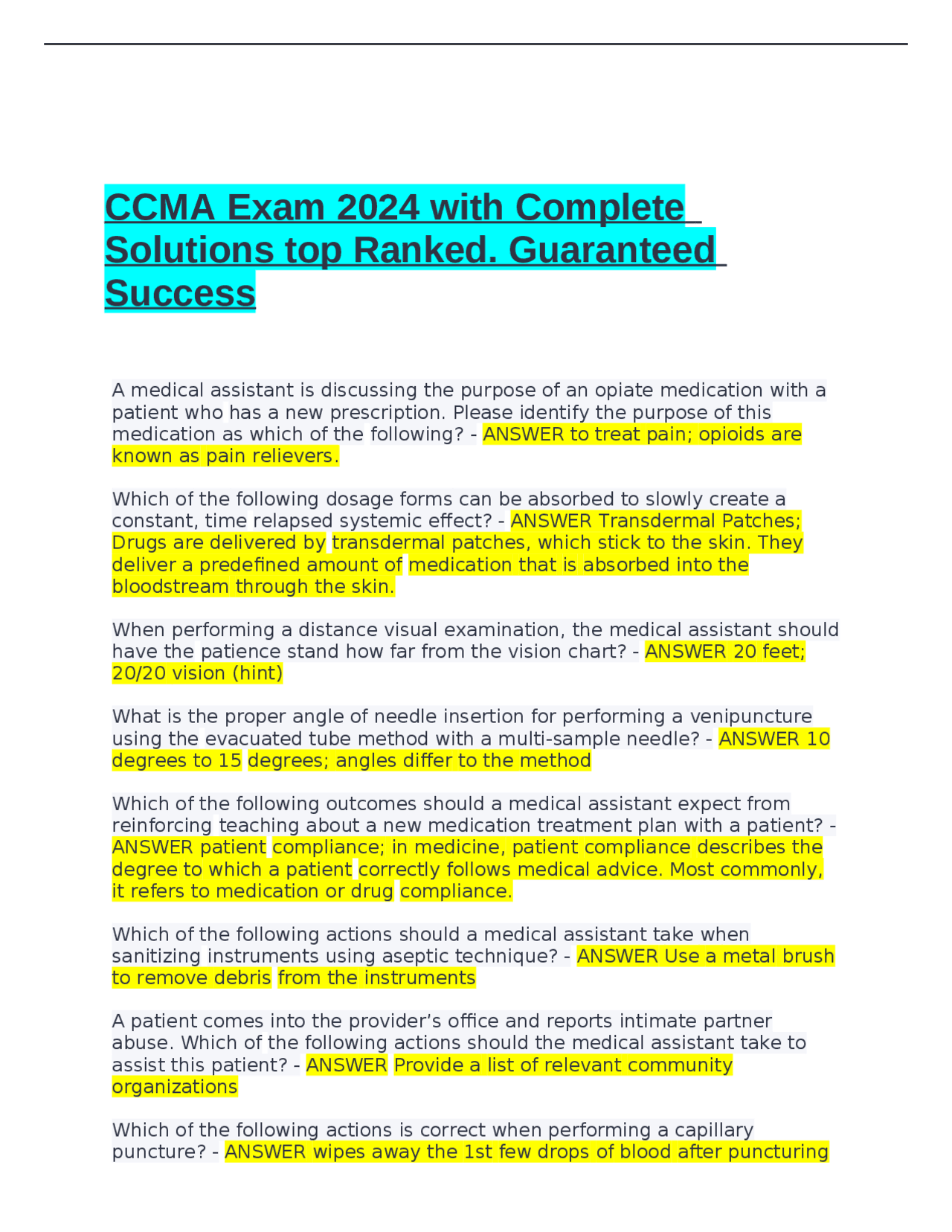 CCMA Exam 2024 with Complete Solutions top Ranked. Guaranteed Success ...