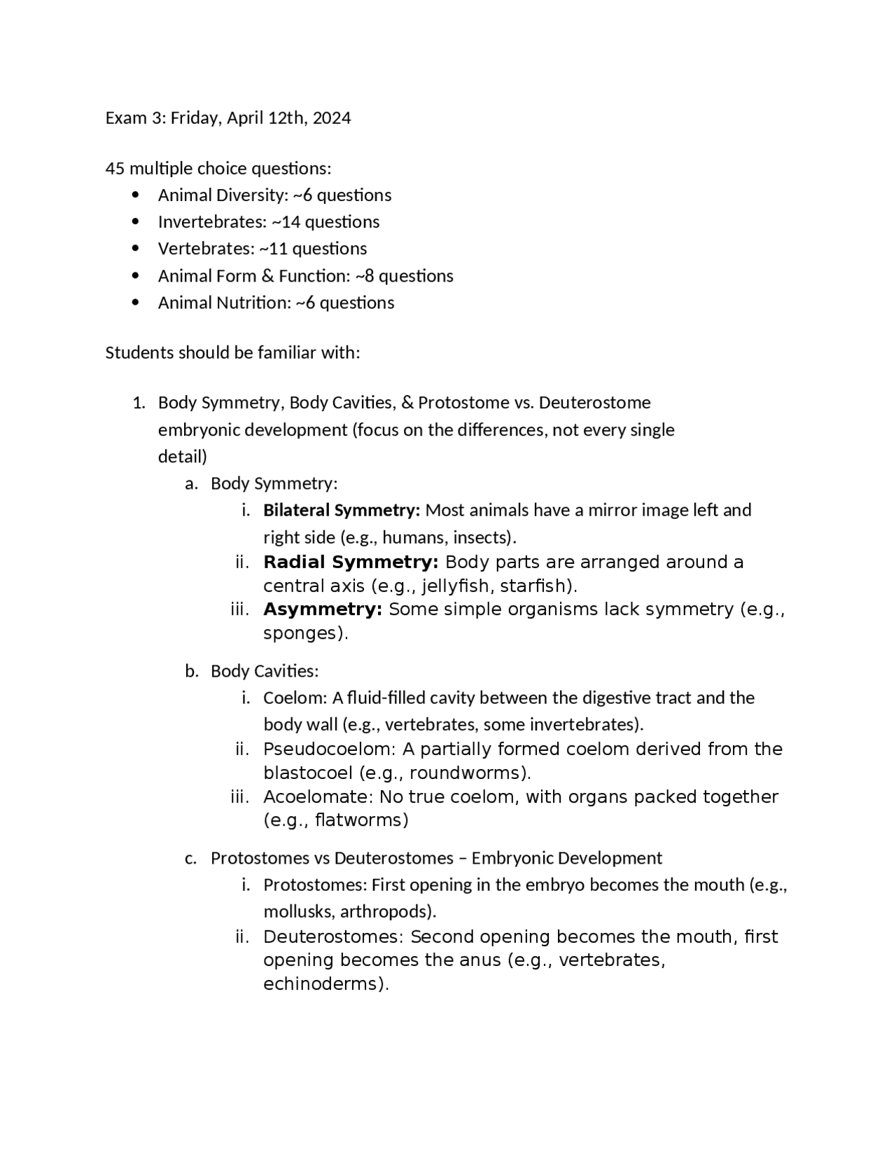 Exam 3 Study Sheet on Animals | Study notes Animal Biology | Docsity