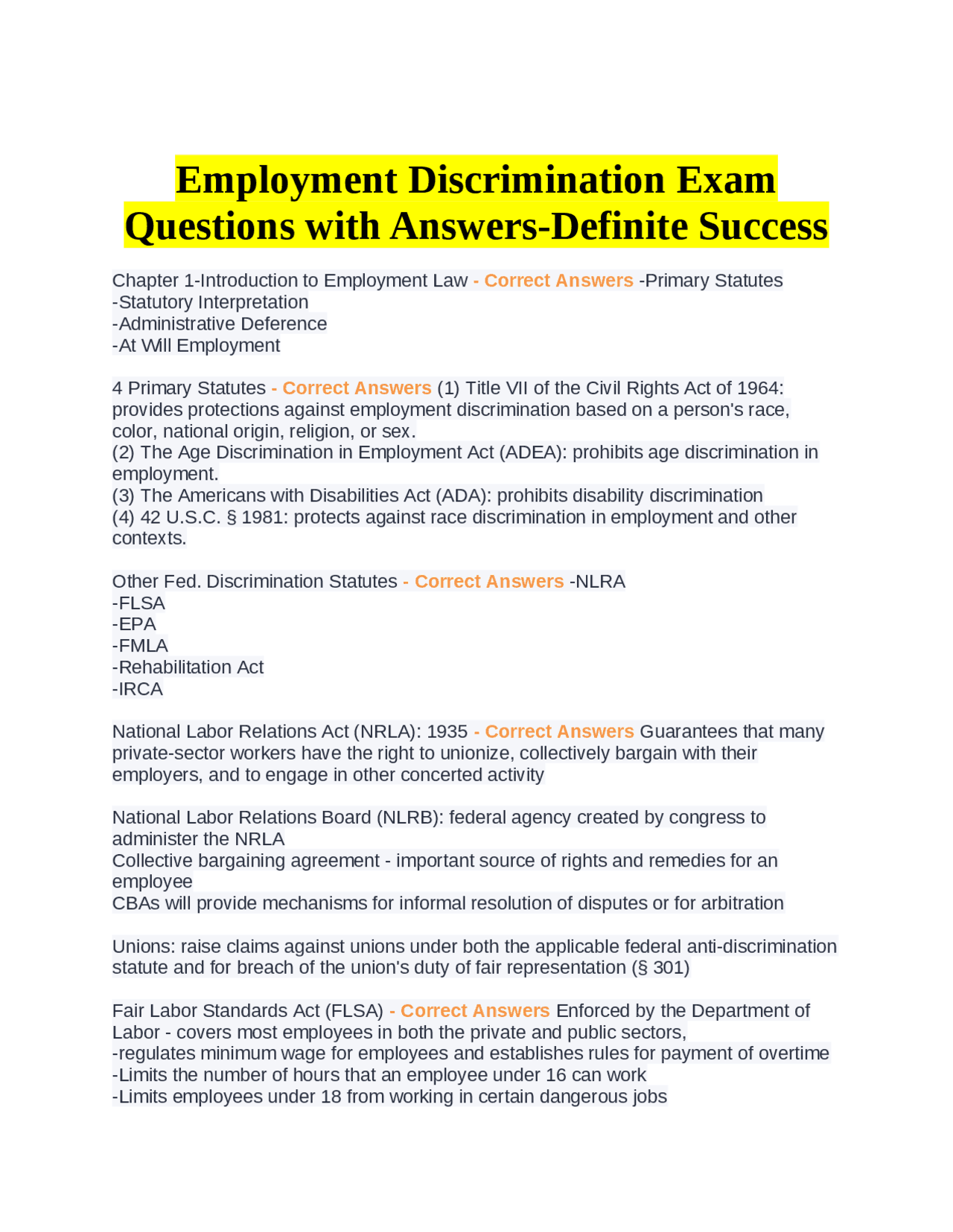 Employment Discrimination Exam Questions with Answers-Definite Success ...
