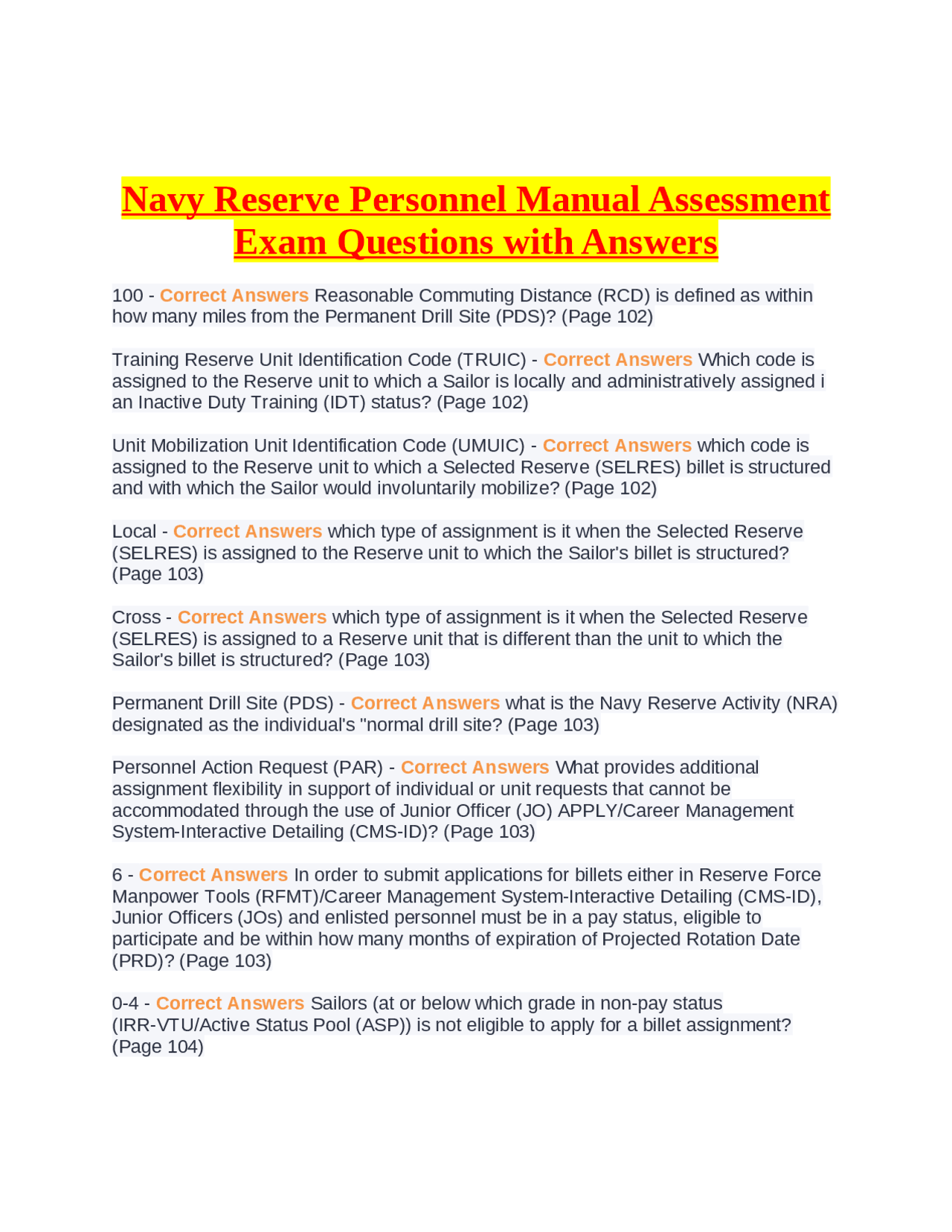 Navy Reserve Personnel Manual: Exam Questions and Answers | Exams ...