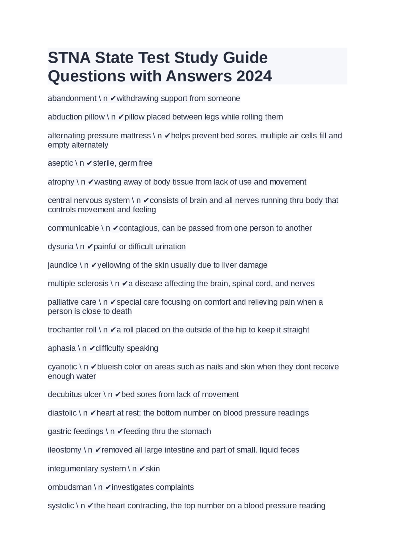 STNA State Test Study Guide Questions with Answers 2024 | Exams Nursing ...