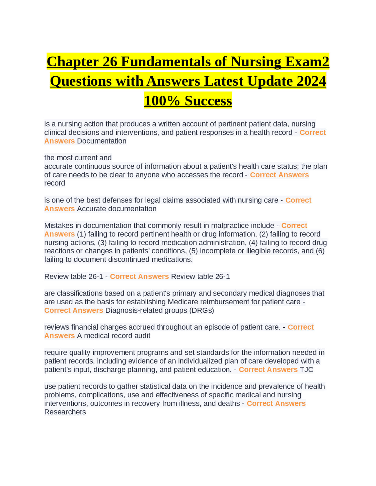 Chapter 26 Fundamentals of Nursing Exam2 Questions with Answers Latest ...