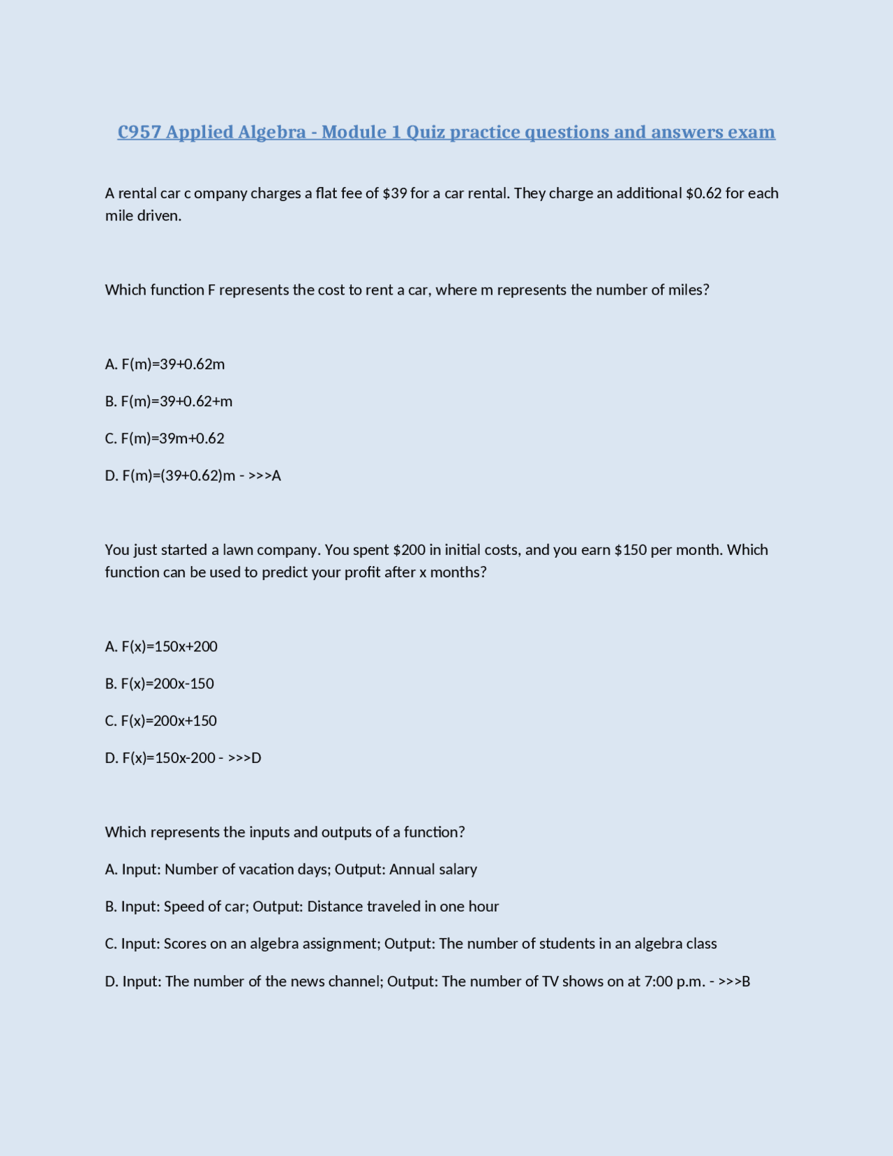 C957 Applied Algebra - Module 1 Quiz practice questions and answers ...
