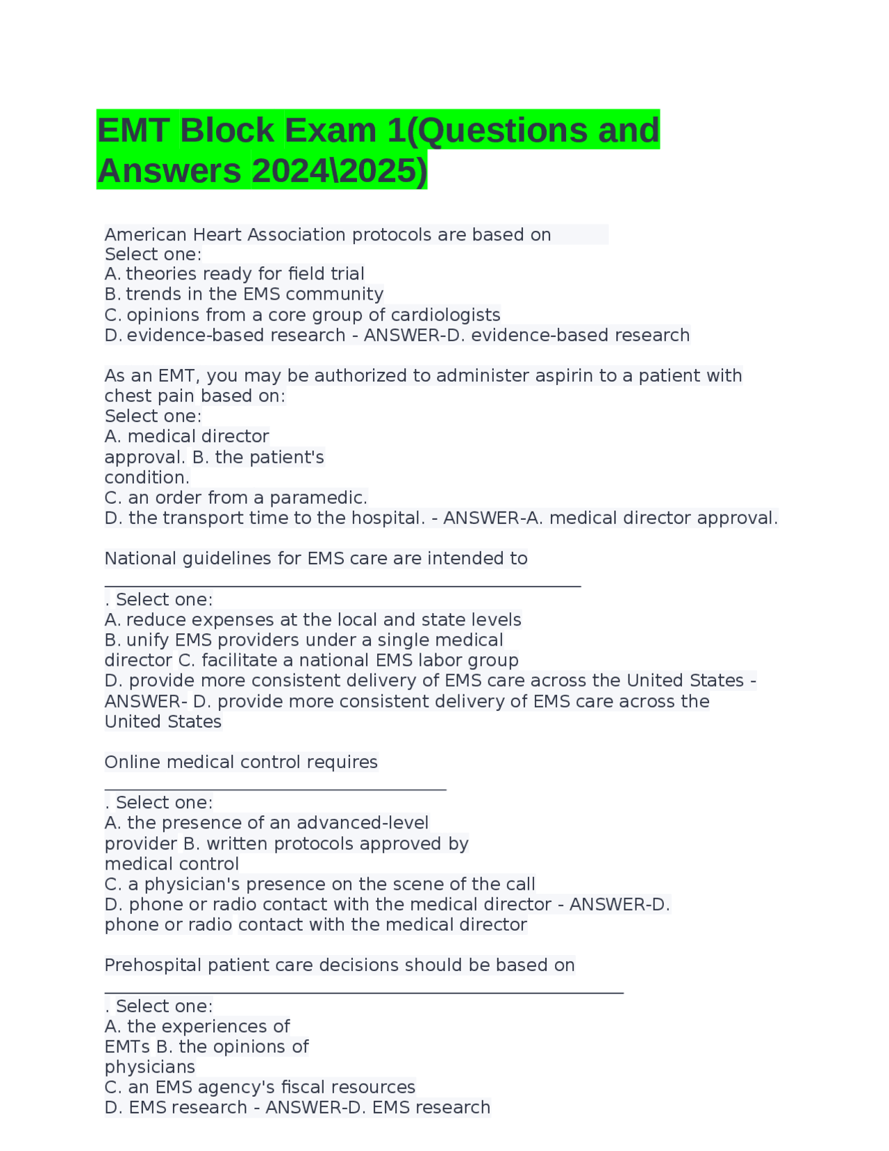 EMT Block Exam 1(Questions and Answers 2024\2025) | Exams Medical ...