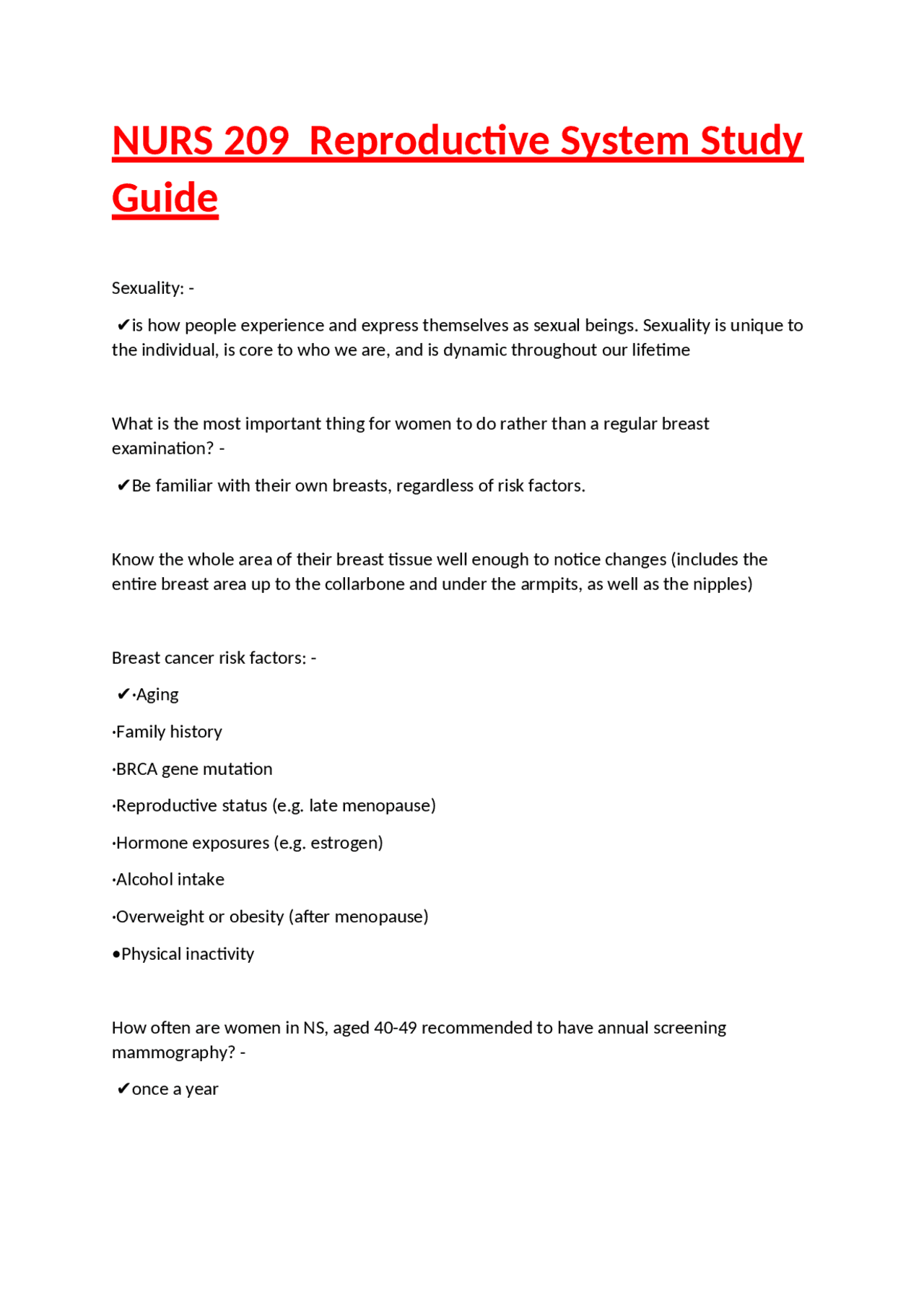 NURS 209 Reproductive System Study Guide | Exams Nursing | Docsity