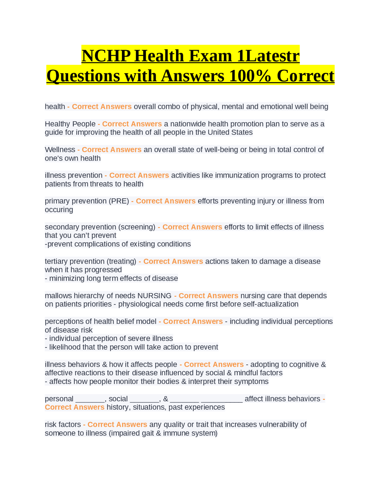 NCHP Health Exam 1Latestr Questions with Answers 100% Correct | Exams ...