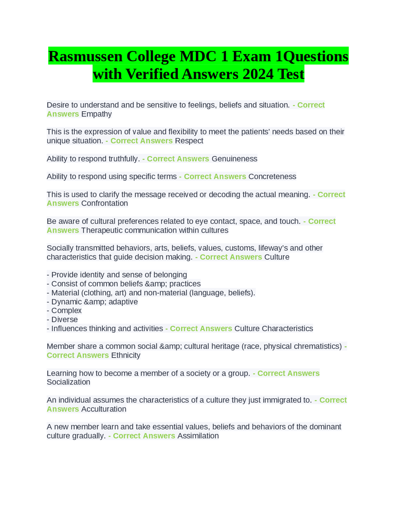 Rasmussen College MDC 1 Exam 1: Understanding Cultural Diversity and ...