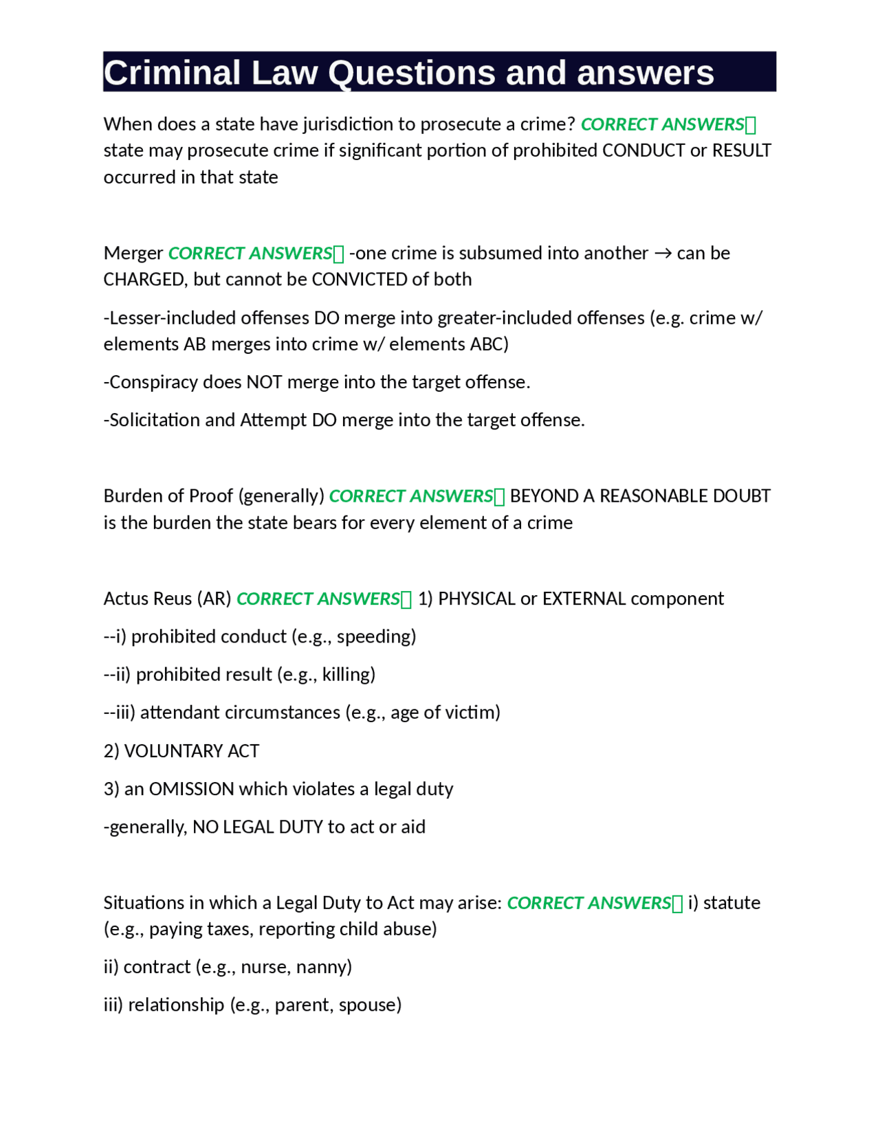 Criminal Law Questions and answers | Exams Criminal Law | Docsity