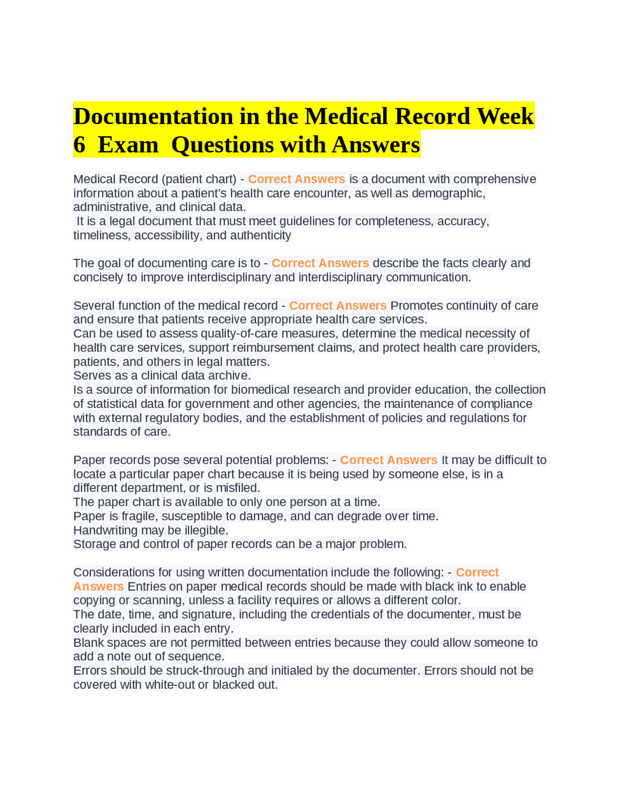 Documentation in the Medical Record Week 6 Exam Questions with Answers ...