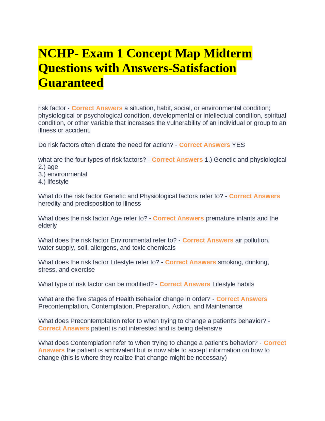 NCHP- Exam 1 Concept Map Midterm Questions with Answers-Satisfaction ...
