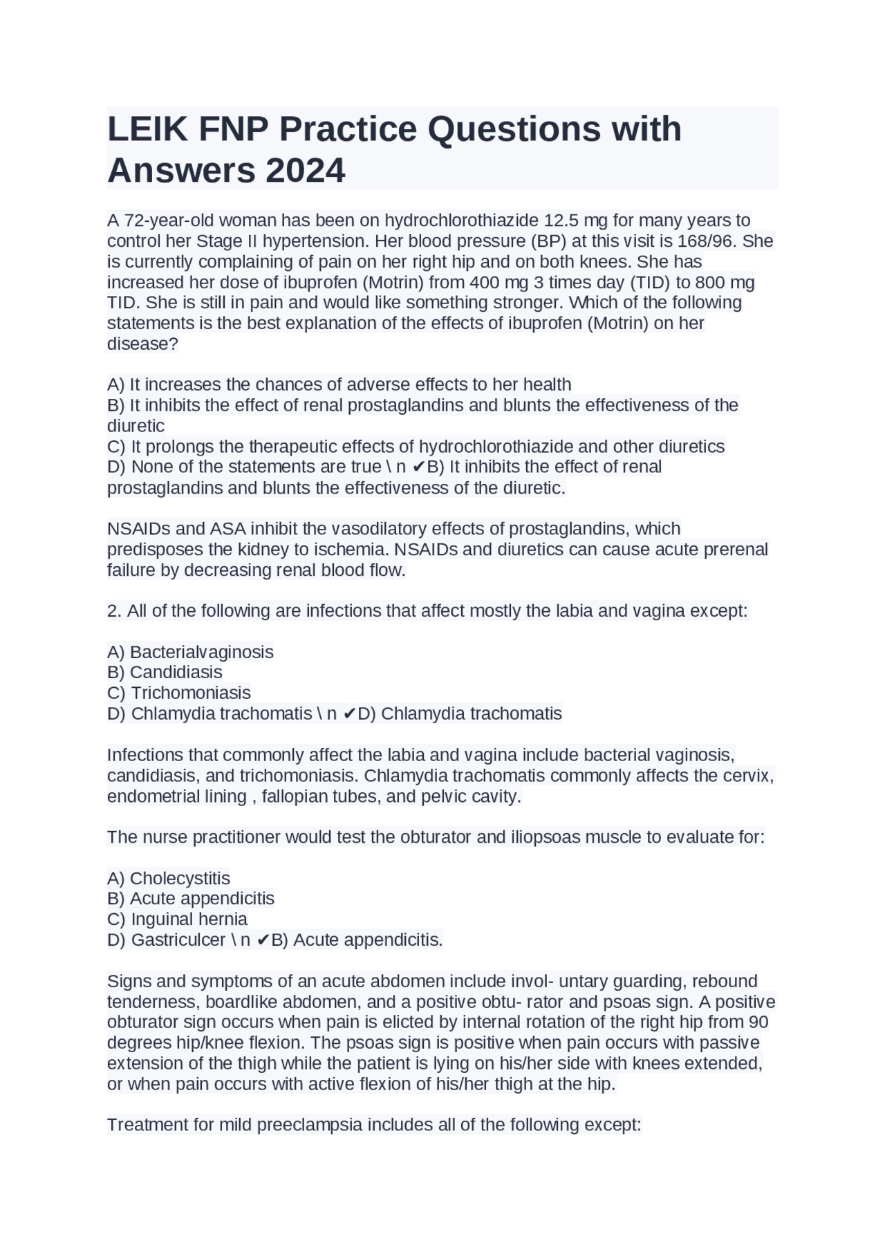 LEIK FNP Practice Questions with Answers 2024 | Exams Nursing | Docsity