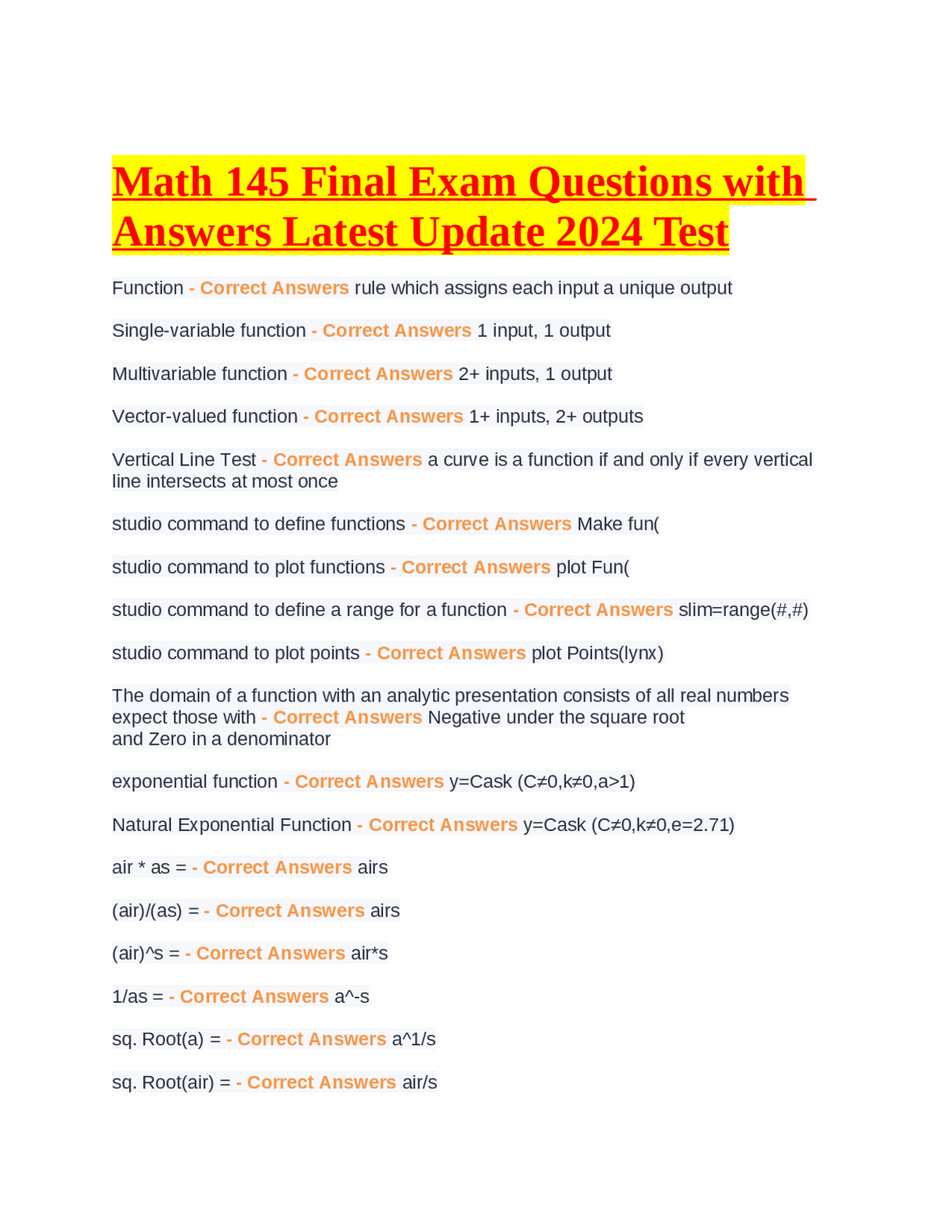 Math 145 Final Exam Questions with Answers Latest Update 2024 Test ...