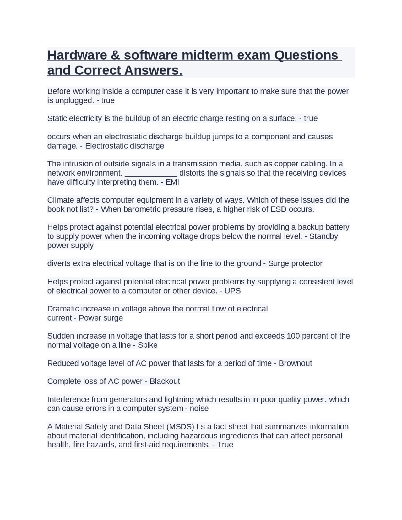 Hardware & software midterm exam Questions and Correct Answers. | Exercises Computer ...