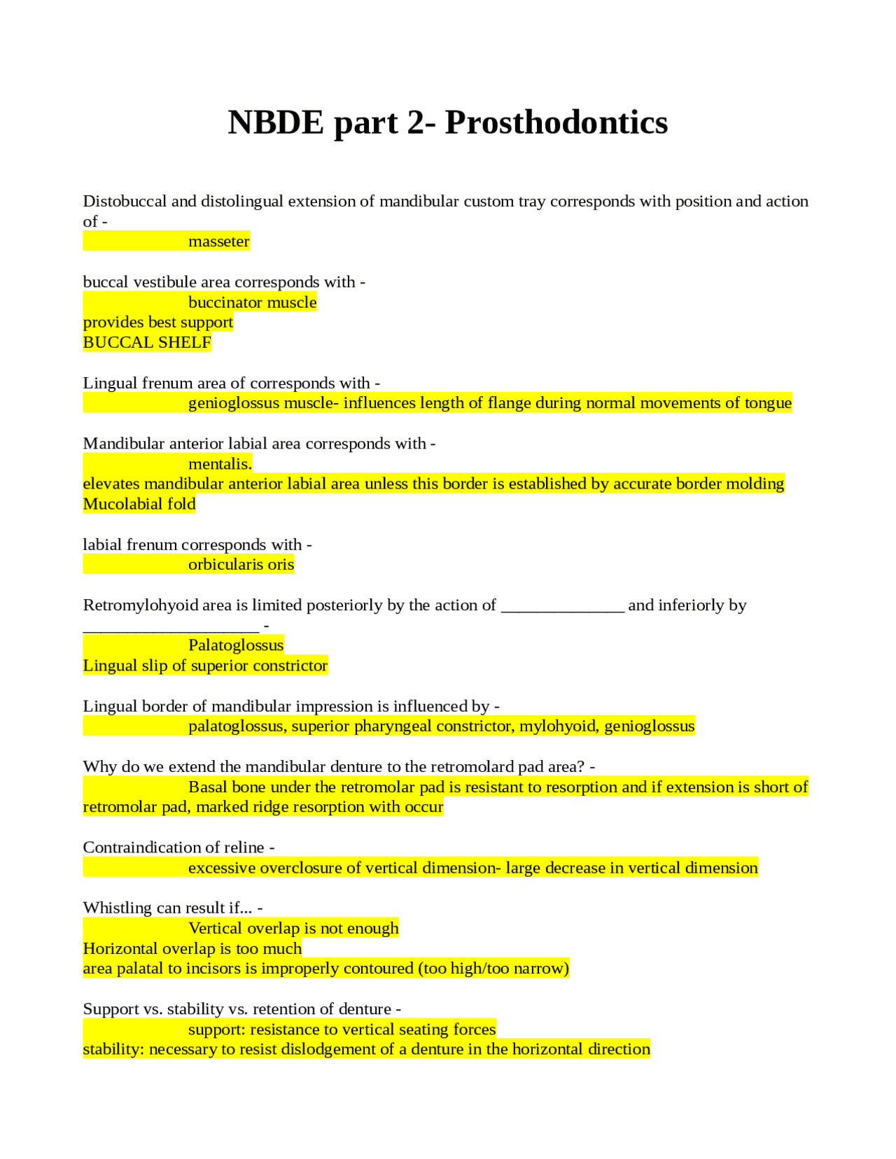 NBDE part 2- Prosthodontics | Exams Medicine | Docsity