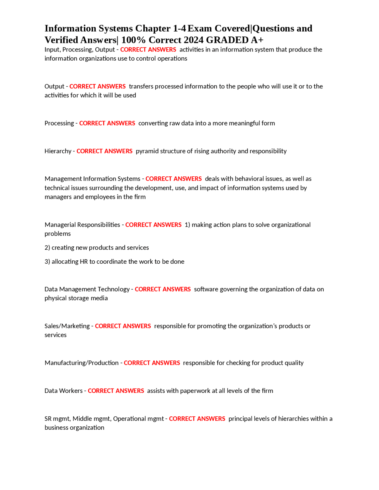Information Systems Chapter 1-4 Exam Questions and Answers | Exams Nursing | Docsity