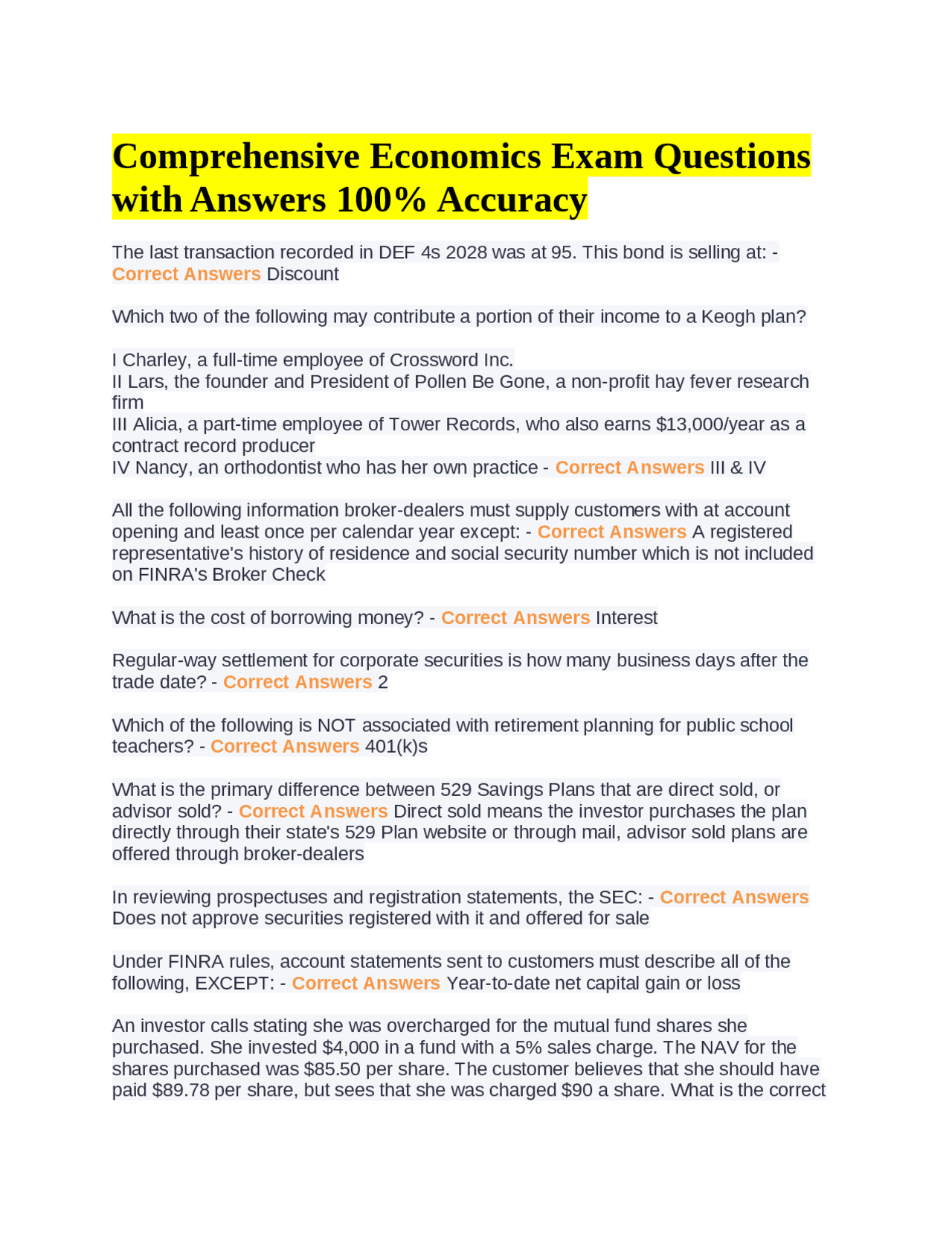 Comprehensive Economics Exam Questions with Answers 100% Accuracy ...