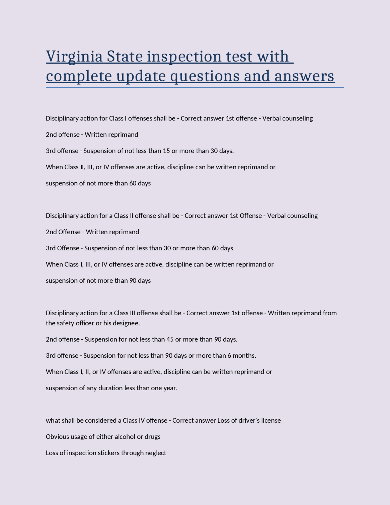 Virginia State Inspection Test Questions and Answers | Exams Nursing ...