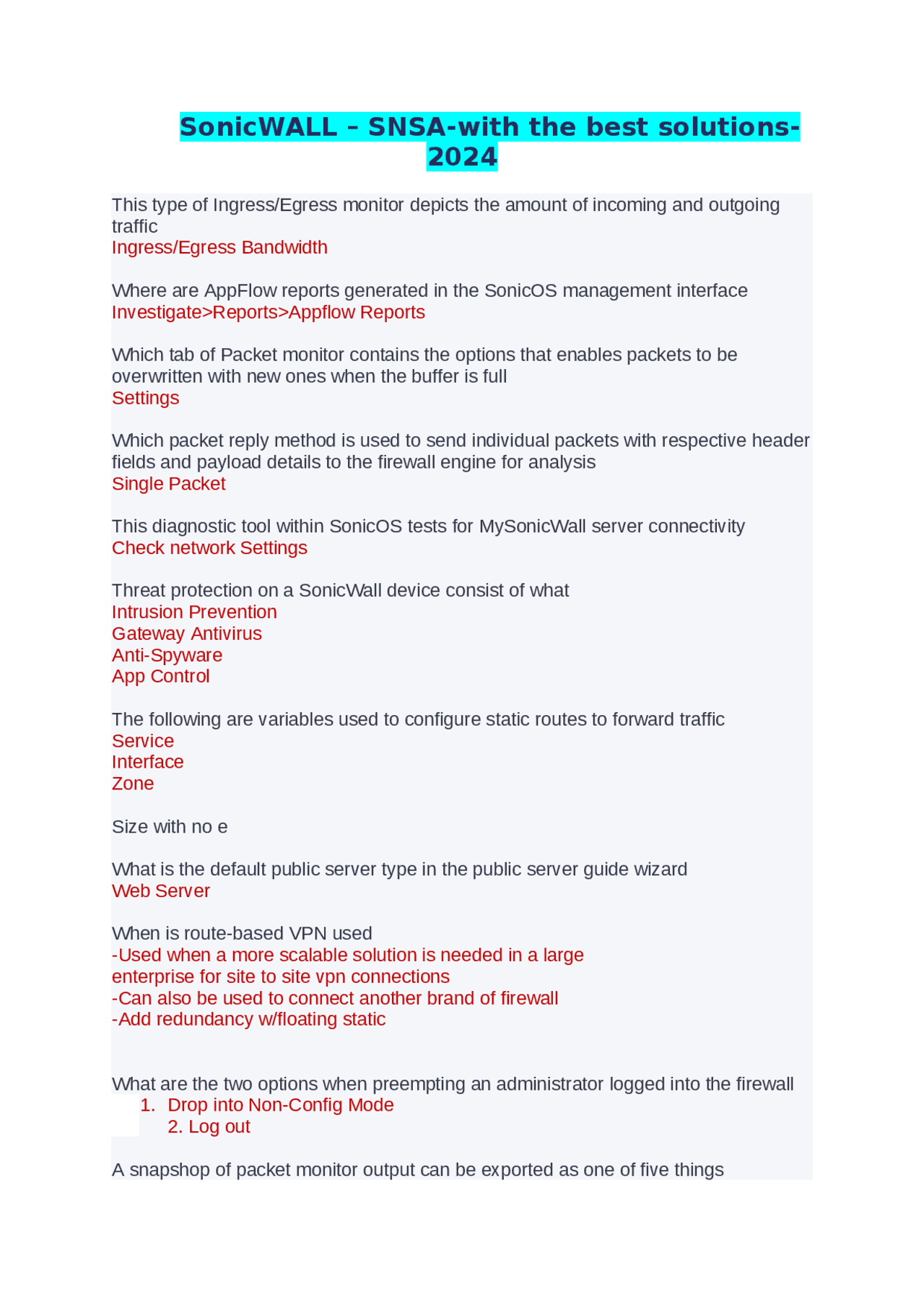 SonicWALL – SNSA-with the best solutions-2024 | Exams Advanced Education | Docsity