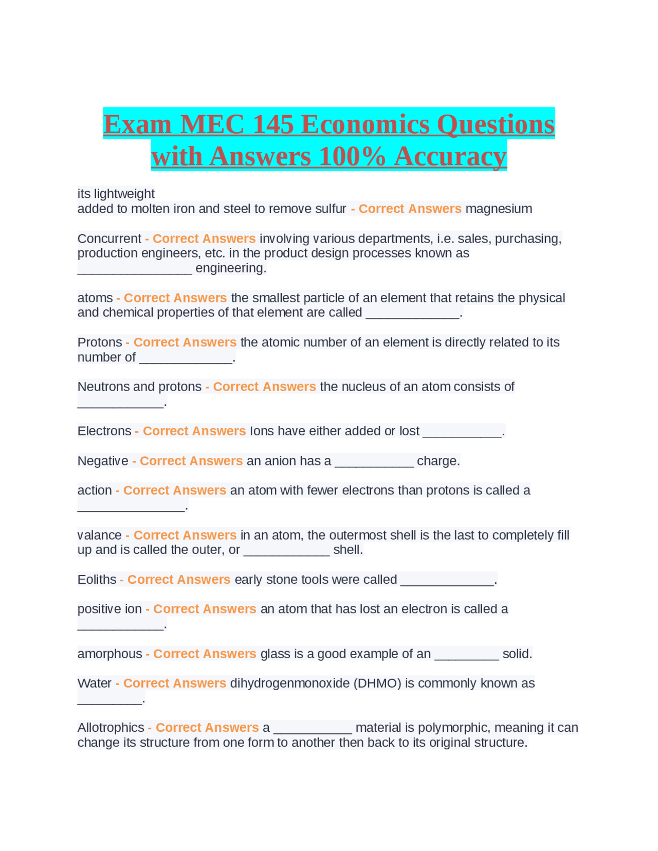 Exam MEC 145 Economics Questions with Answers 100% Accuracy | Exams ...