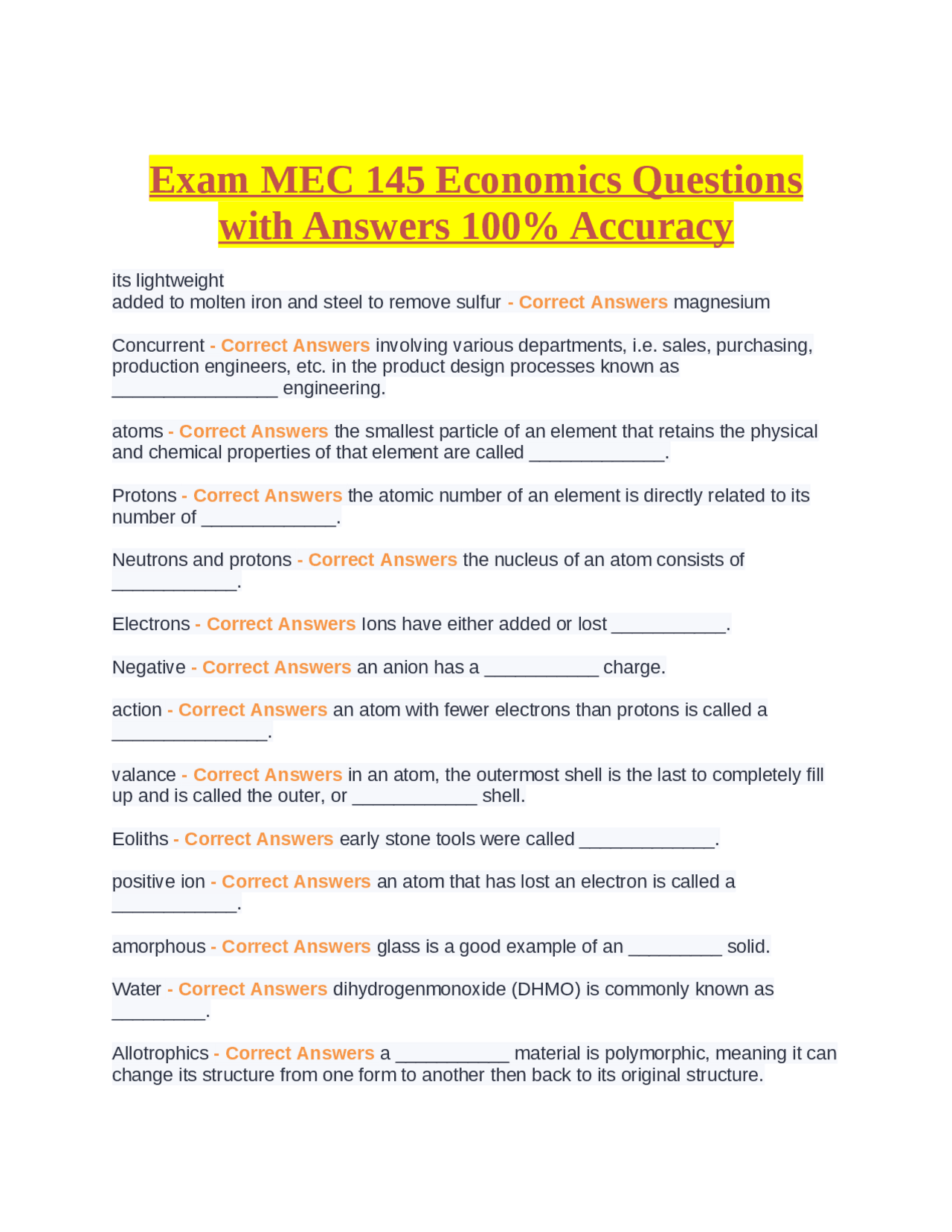 Exam MEC 145 Economics Questions with Answers 100% Accuracy | Exams ...
