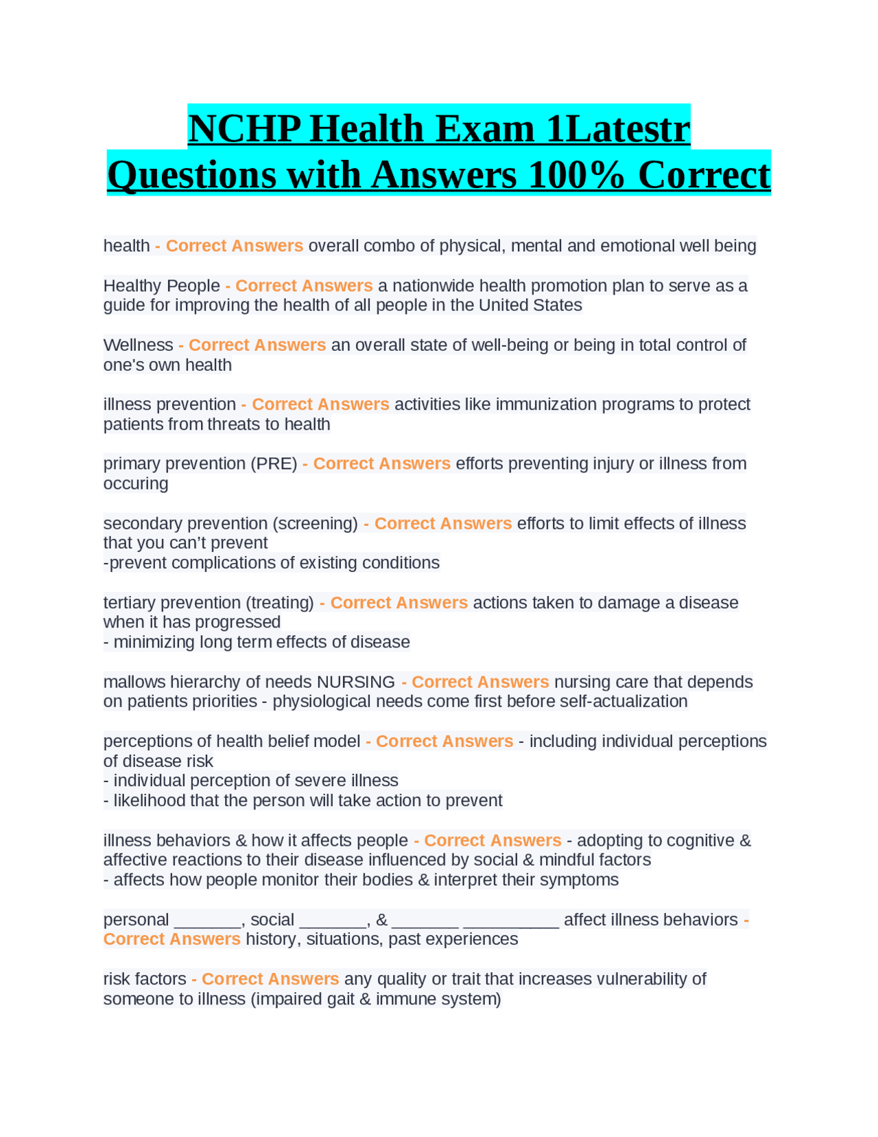 NCHP Health Exam 1Latestr Questions with Answers 100% Correct | Exams ...