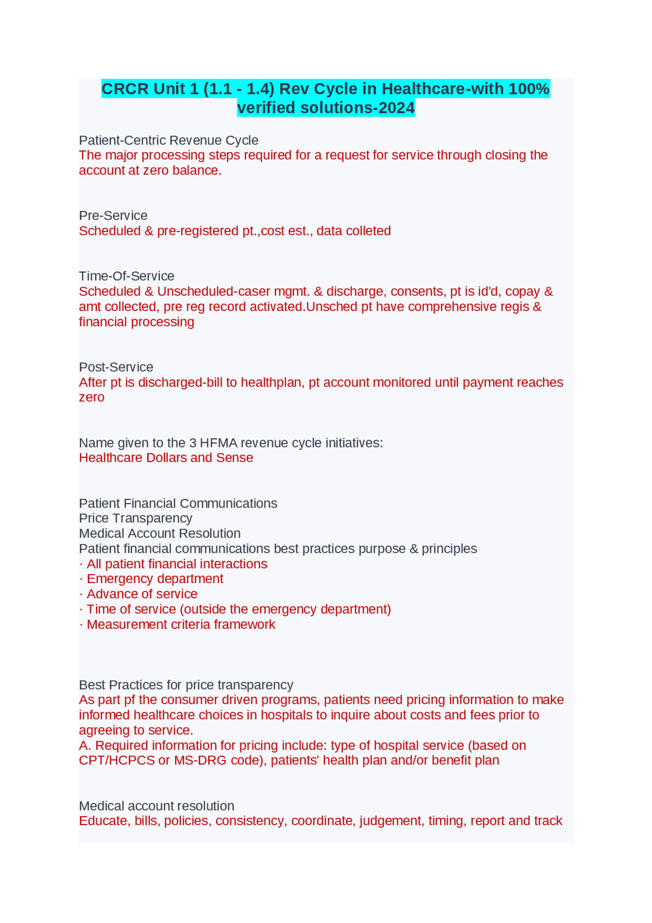CRCR Unit 1 (1.1 - 1.4) Rev Cycle in Healthcare-with 100% verified ...