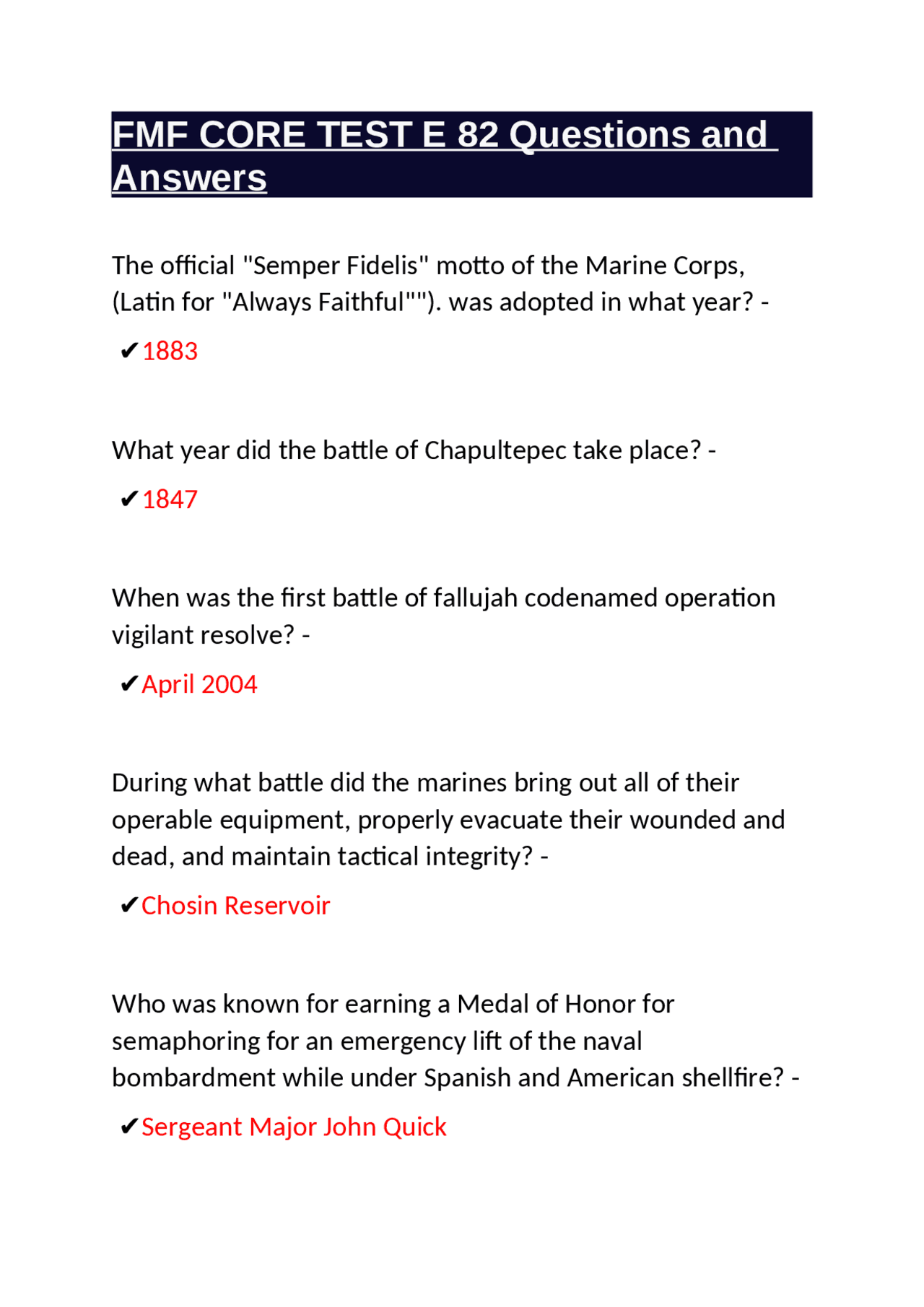 FMF CORE TEST E 82 Questions and Answers. | Exams Nursing | Docsity