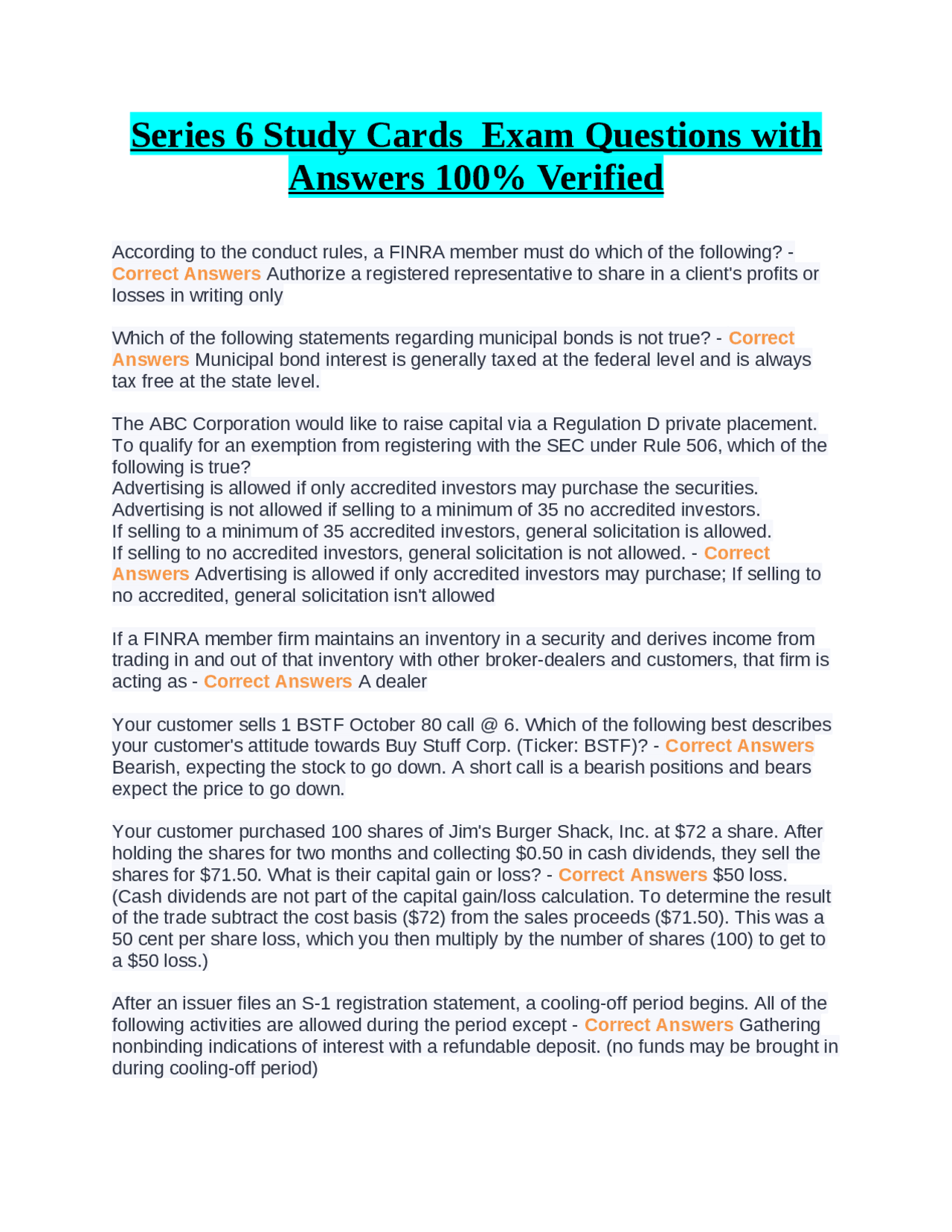 Series 6 Study Cards Exam Questions with Answers 100% Verified | Exams ...