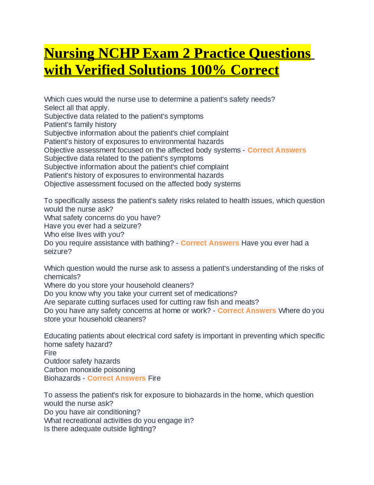Nursing NCHP Exam 2 Practice Questions with Verified Solutions 100% ...