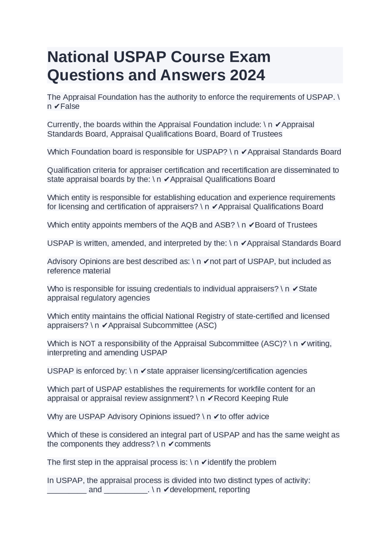 National USPAP Course Exam Questions and Answers 2024 | Exams Nursing ...