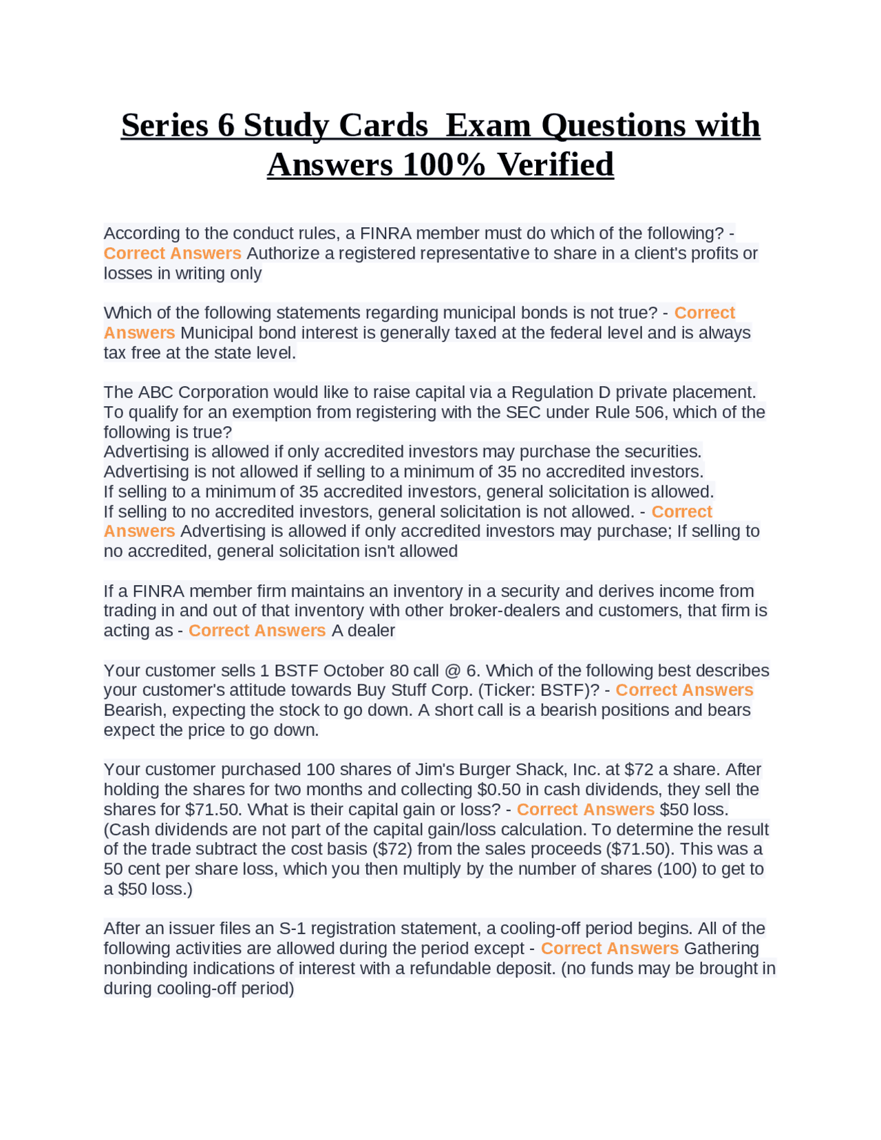 Series 6 Study Cards Exam Questions with Answers 100% Verified | Exams ...