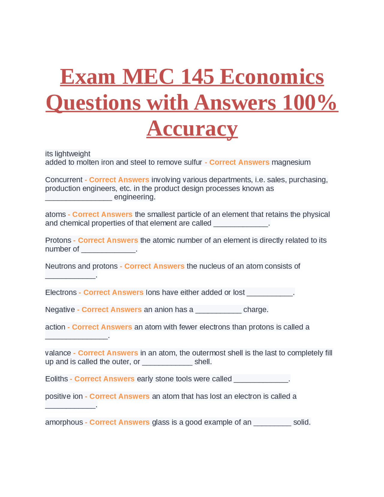 Exam MEC 145 Economics Questions with Answers 100% Accuracy | Exams ...