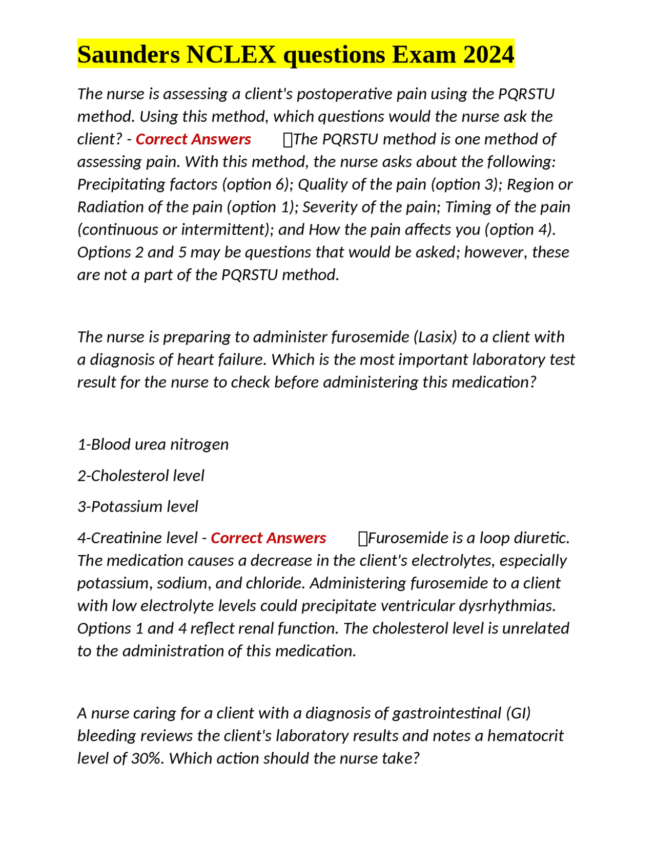 Saunders NCLEX Questions Exam 2024: Analyzing Scenarios for Nursing ...