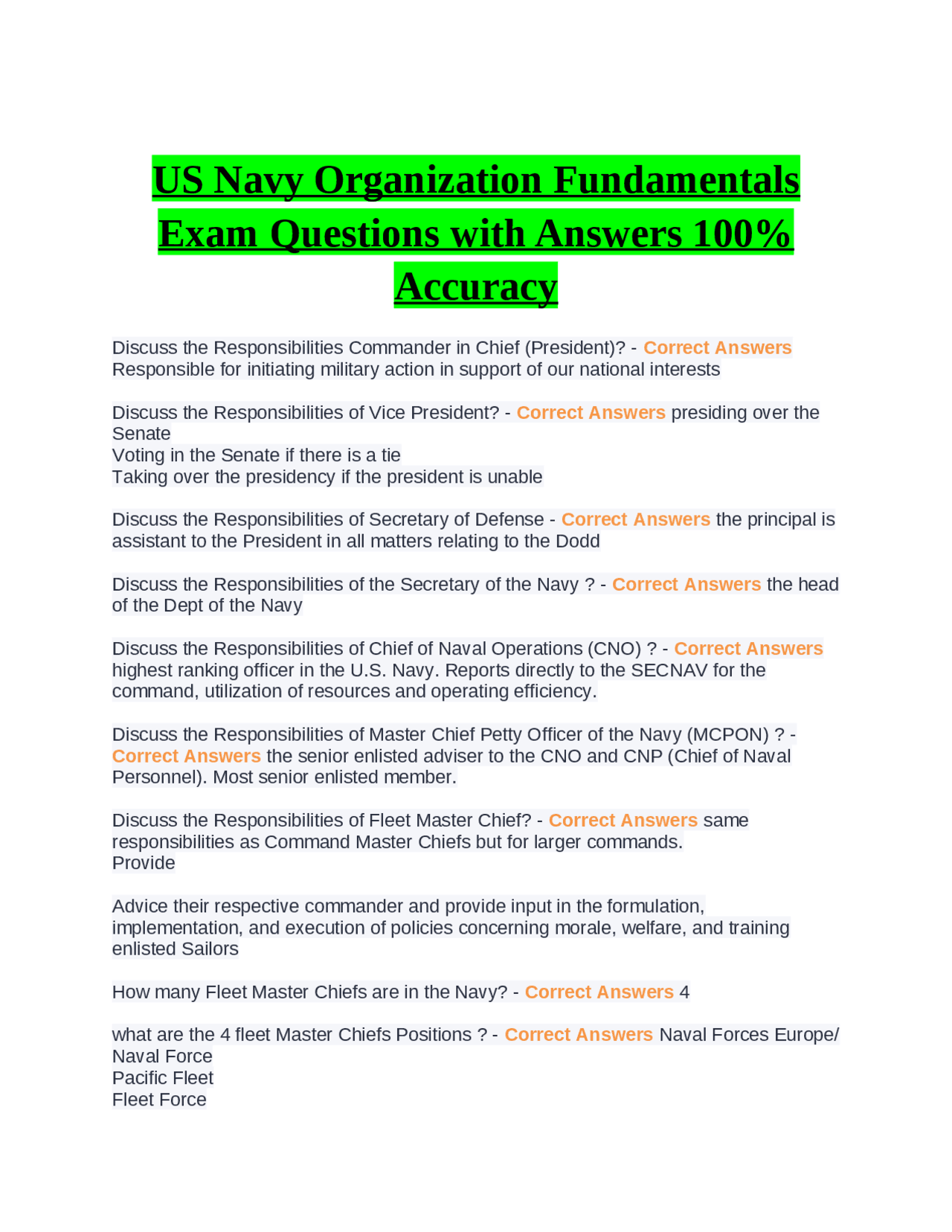 US Navy Organization Fundamentals Exam Questions with Answers 100% ...
