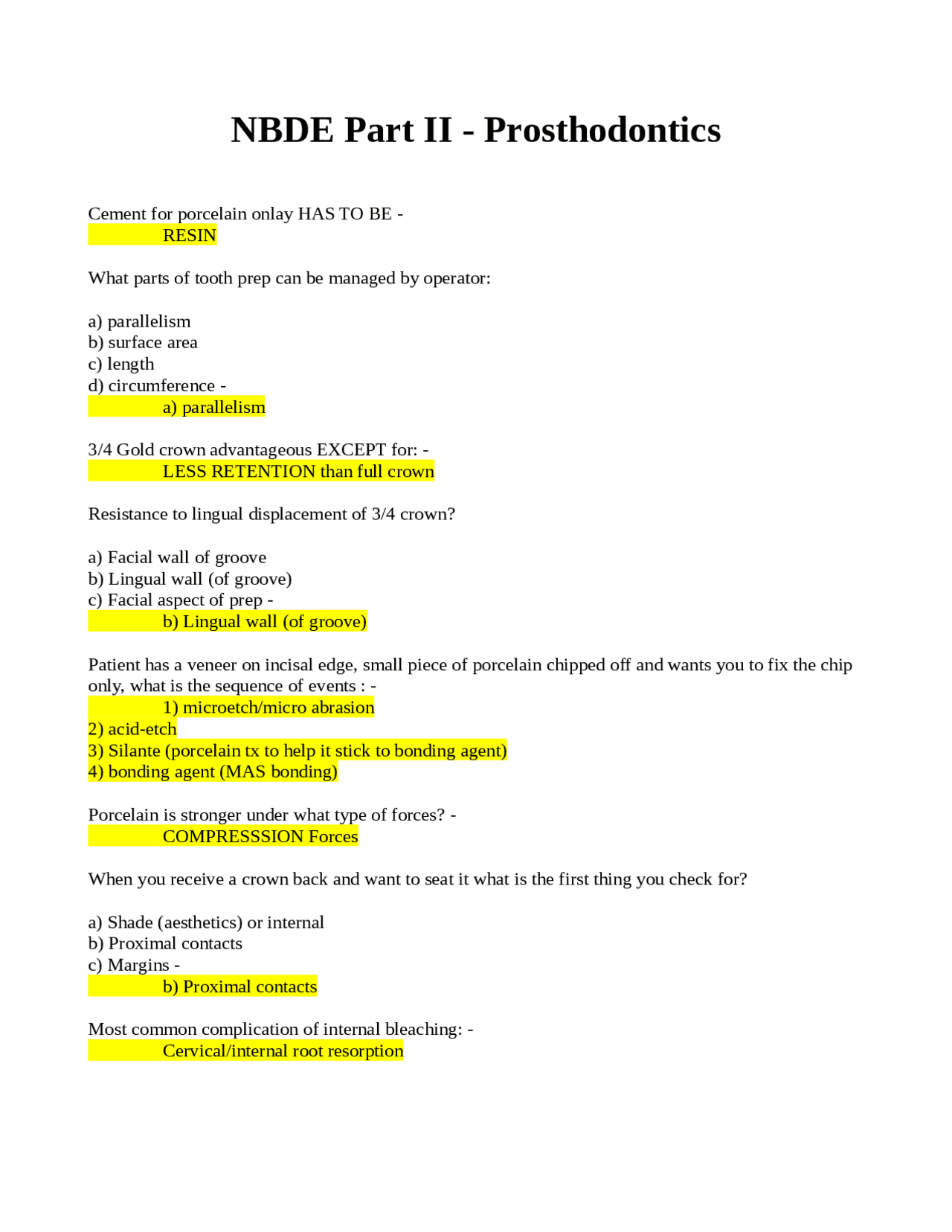 NBDE Part II - Prosthodontics | Exams Medicine | Docsity