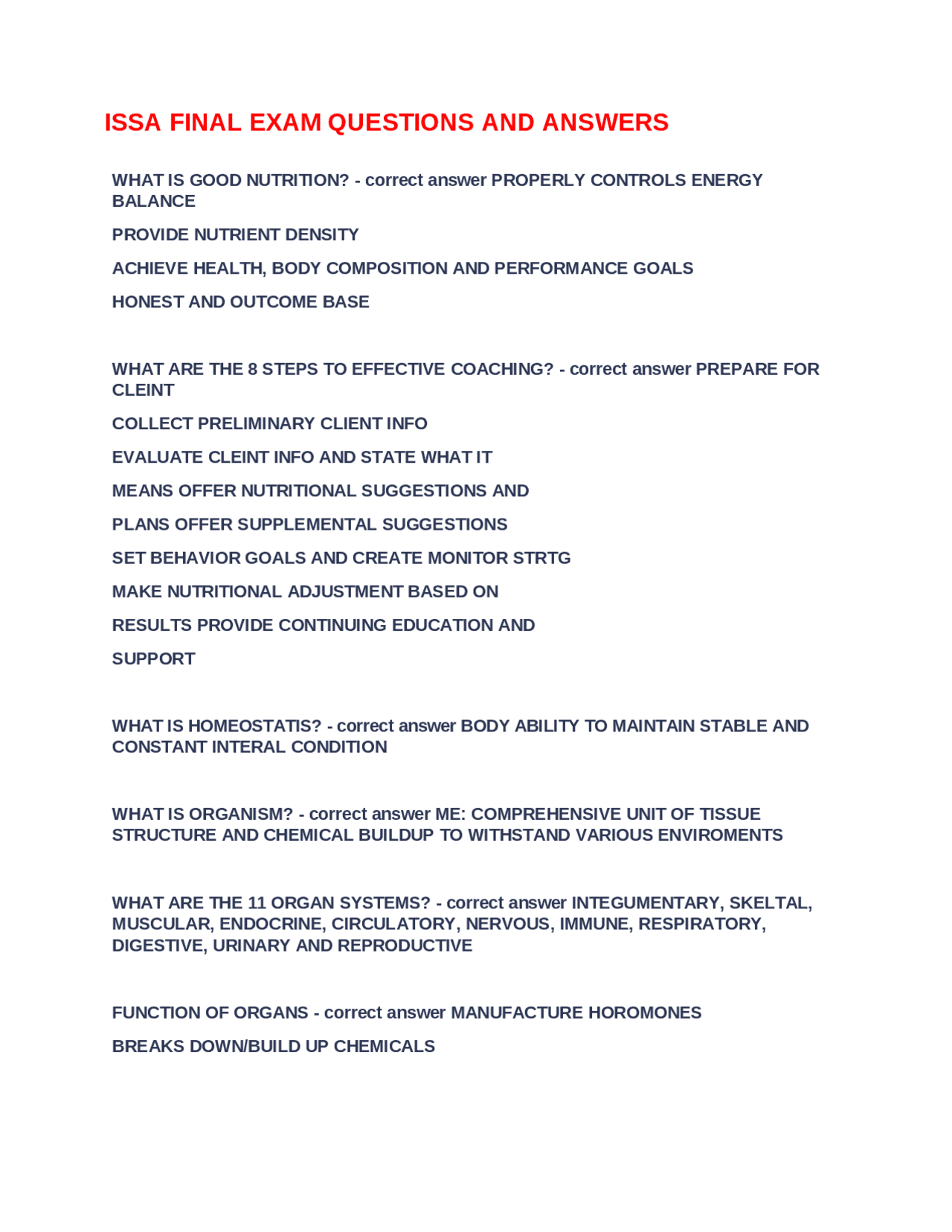 ISSA FINAL EXAM QUESTIONS AND ANSWERS | Exams Nursing | Docsity